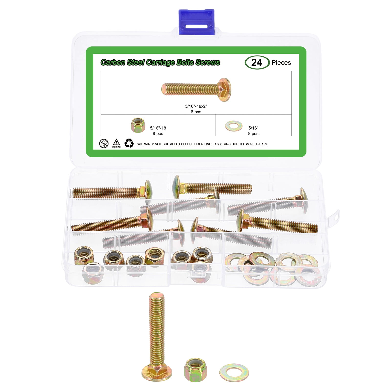 8 Set Carriage Bolts and Nuts Kit, 5/16"-18x2" Carbon Steel Round Head ...