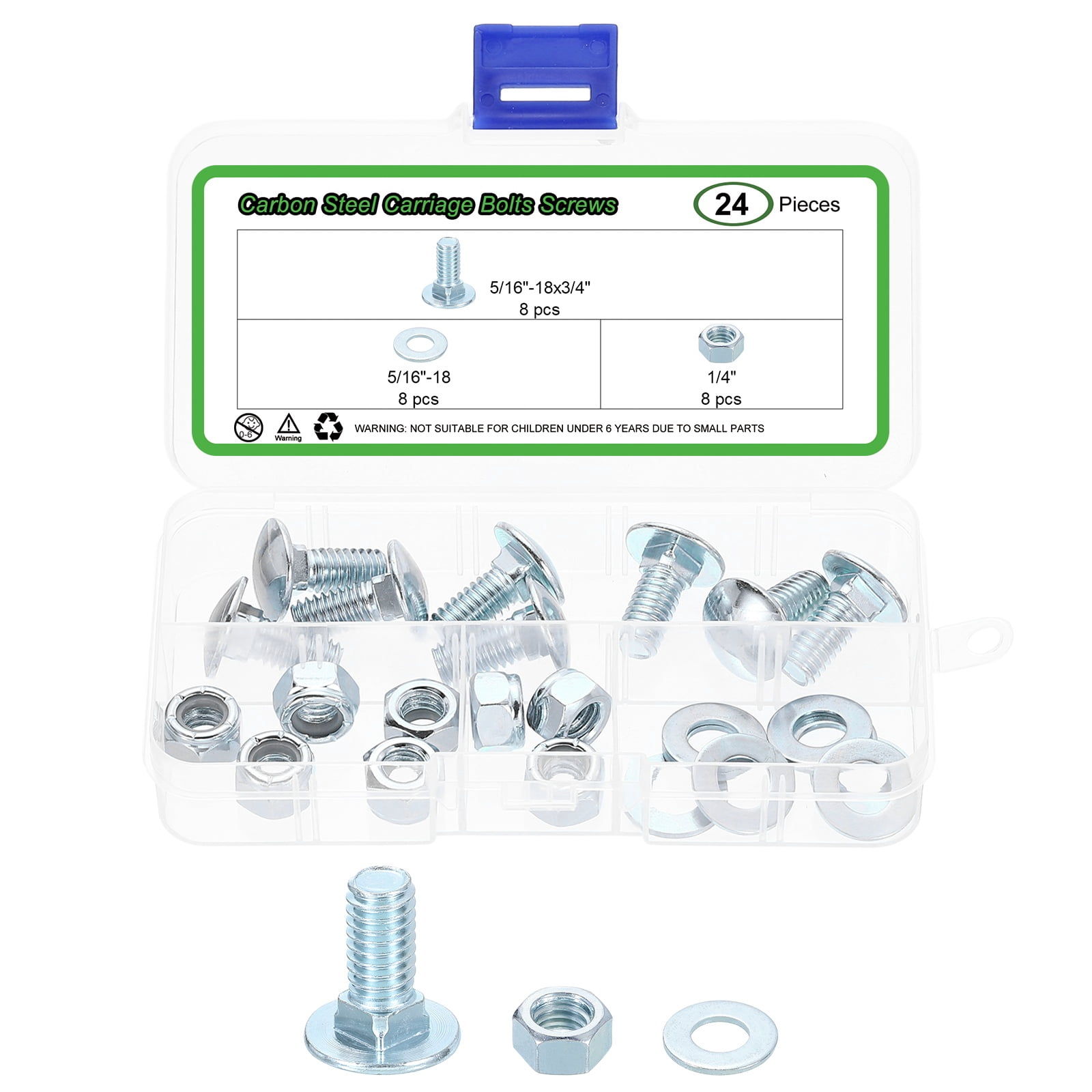 8 Set Carriage Bolts and Nuts Kit, 5/16"-18x3/4" Carbon Steel Round ...