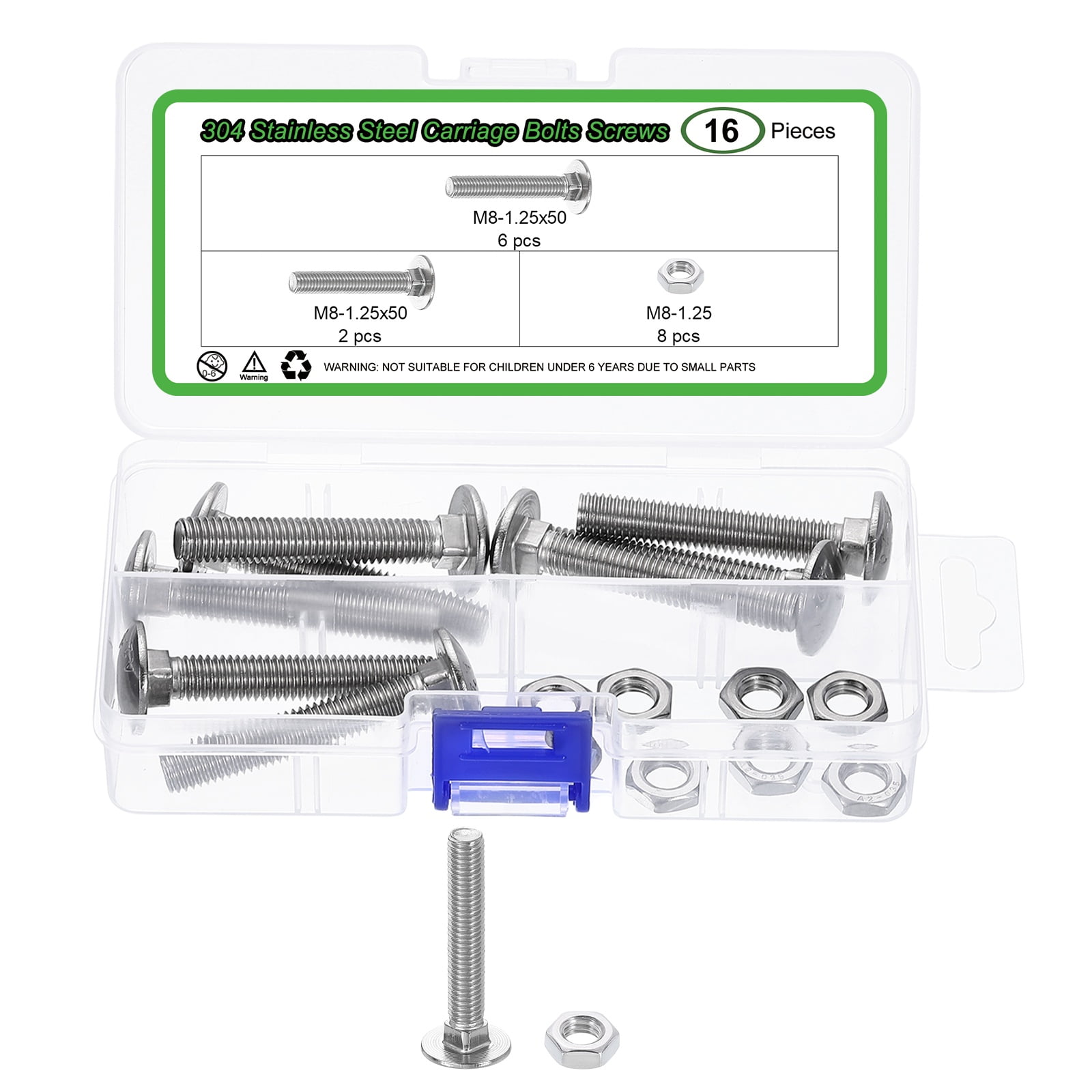 8 Set Carriage Bolts and Nuts Kit, M8-1.25x50 Stainless Steel 304 Round ...
