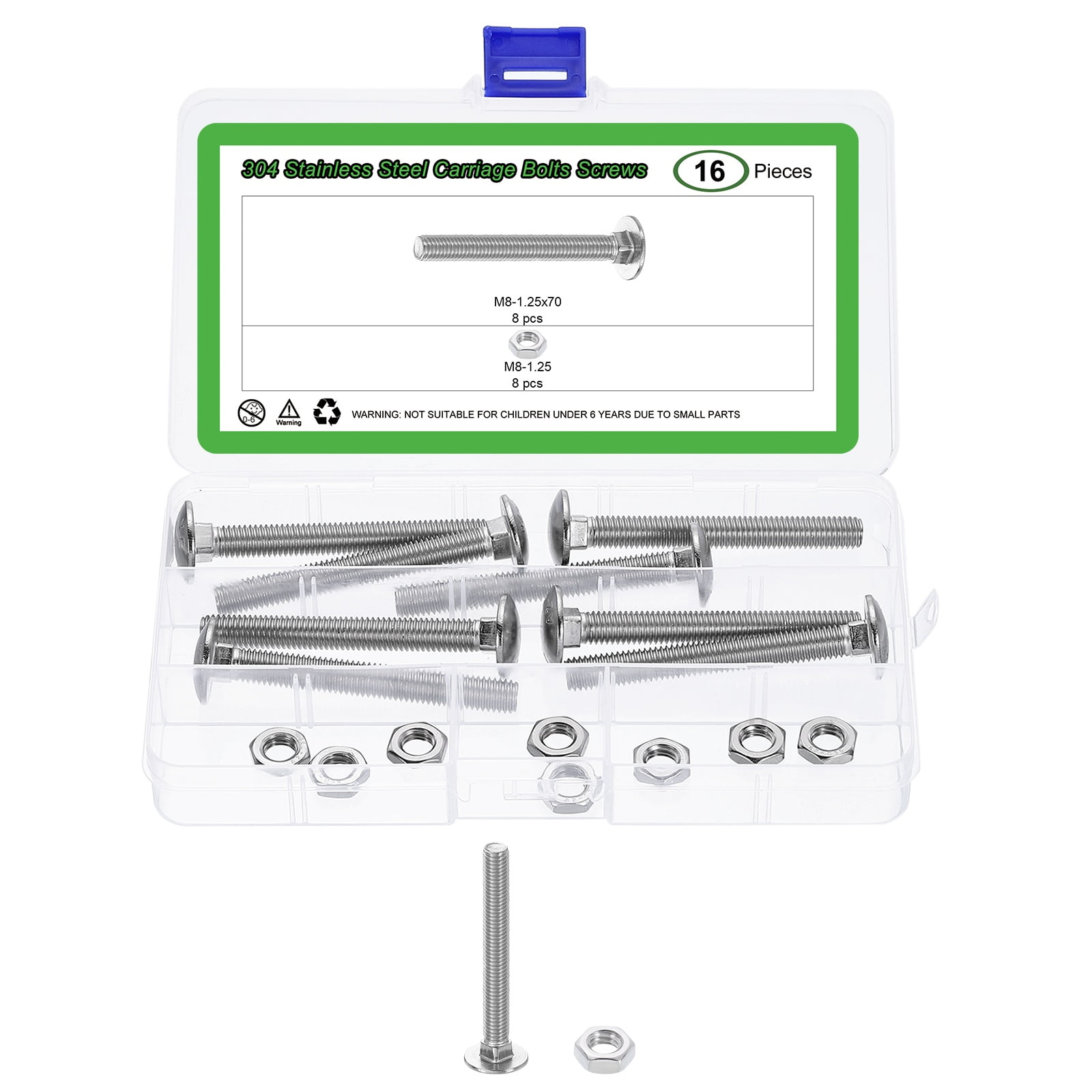 8 Set Carriage Bolts and Nuts Kit, M8-1.25x70 Stainless Steel 304 Round ...