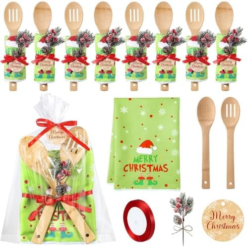 8 Set Christmas Kitchen Gifts Xmas Dish Towels Wooden Spoons Pine Picks ...