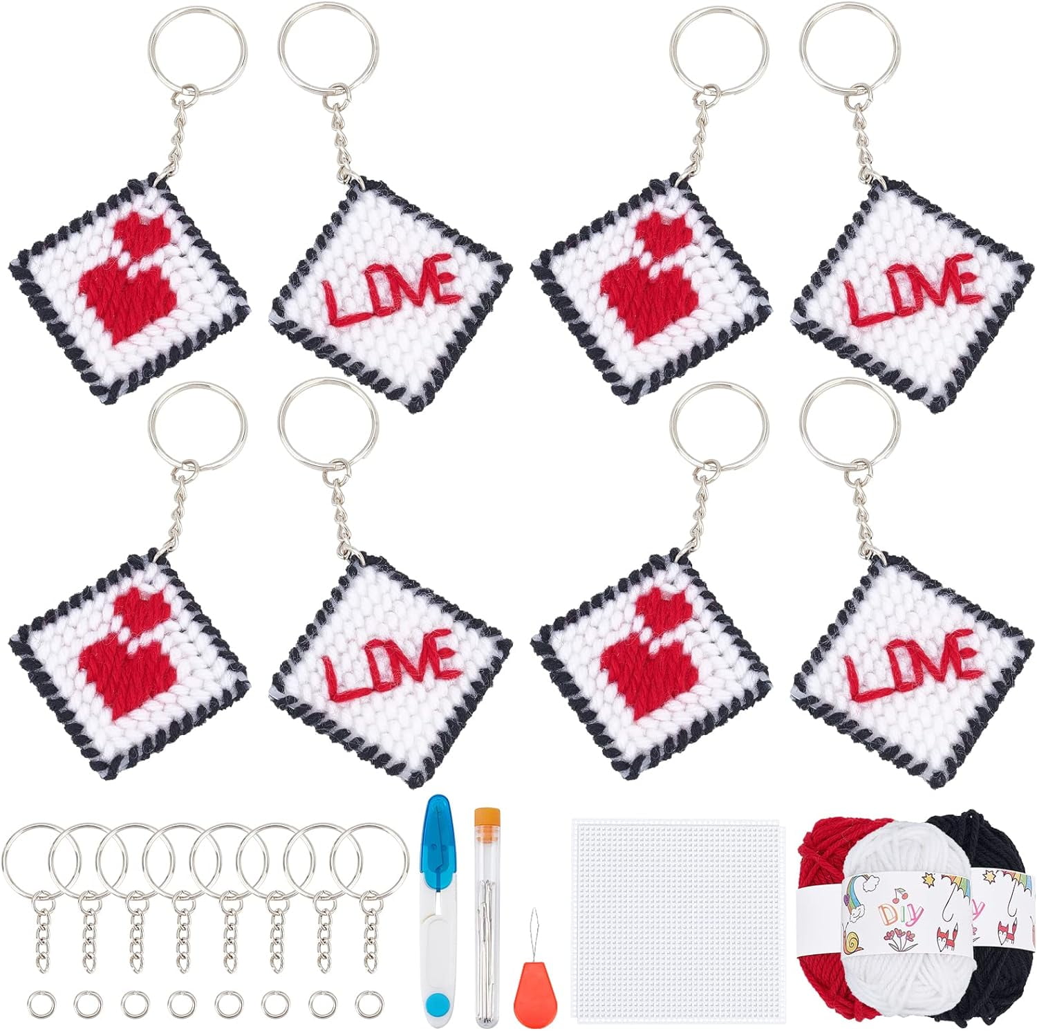 8 Set DIY Keychain Kit Plastic Mesh Canvas Sheet Crochet Keychain ...