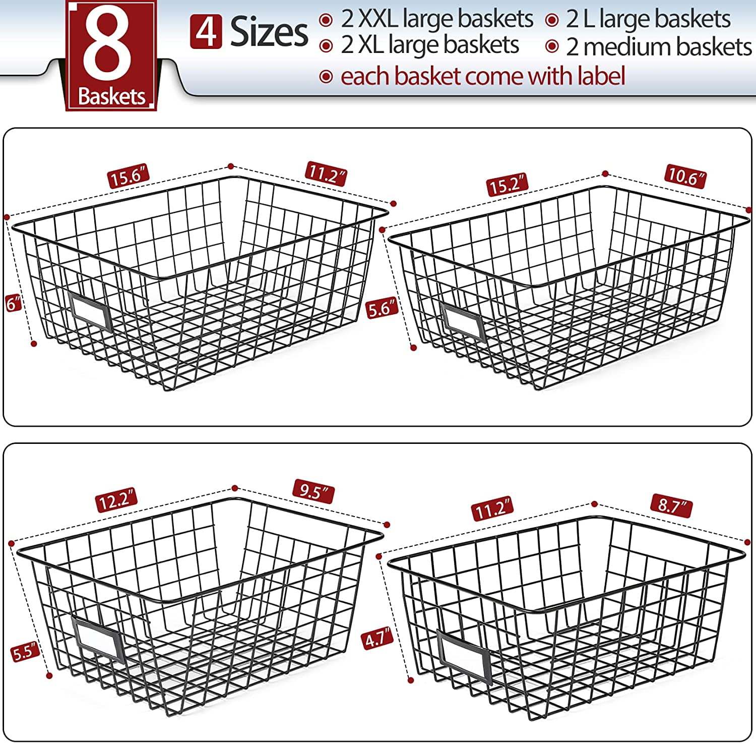 8 Set Large Wire Baskets with Labels for Cabinet, Kitchen, Bathroom ...