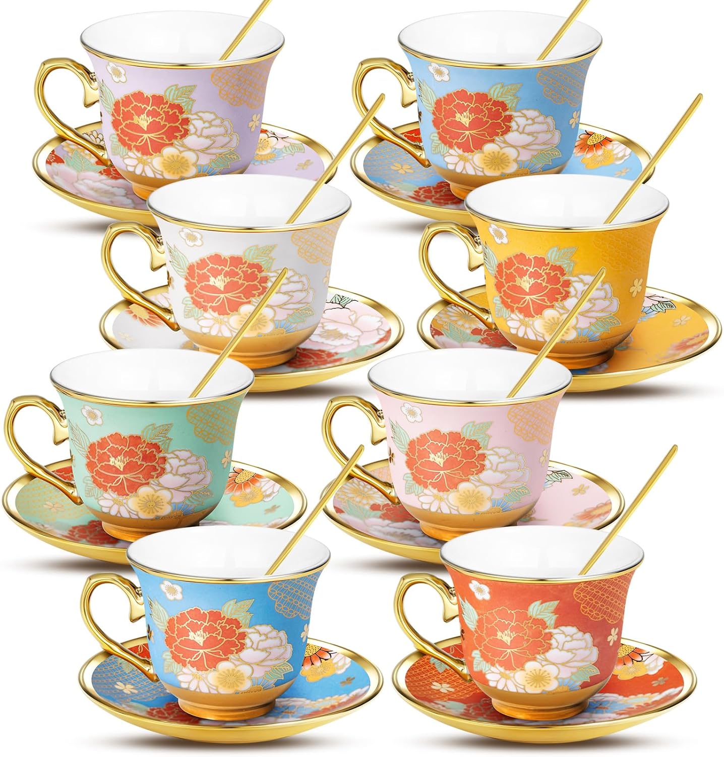 8 Set Tea Cups and Saucers, 8 OZ Floral Porcelain Cup and Saucers Set ...