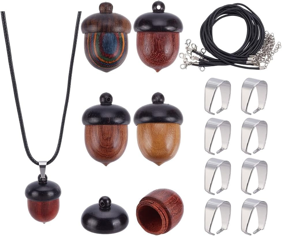 8 Set Wooden Acorn Locket Necklace Making Kits 8Pcs 4 Styles Wood Acorn ...