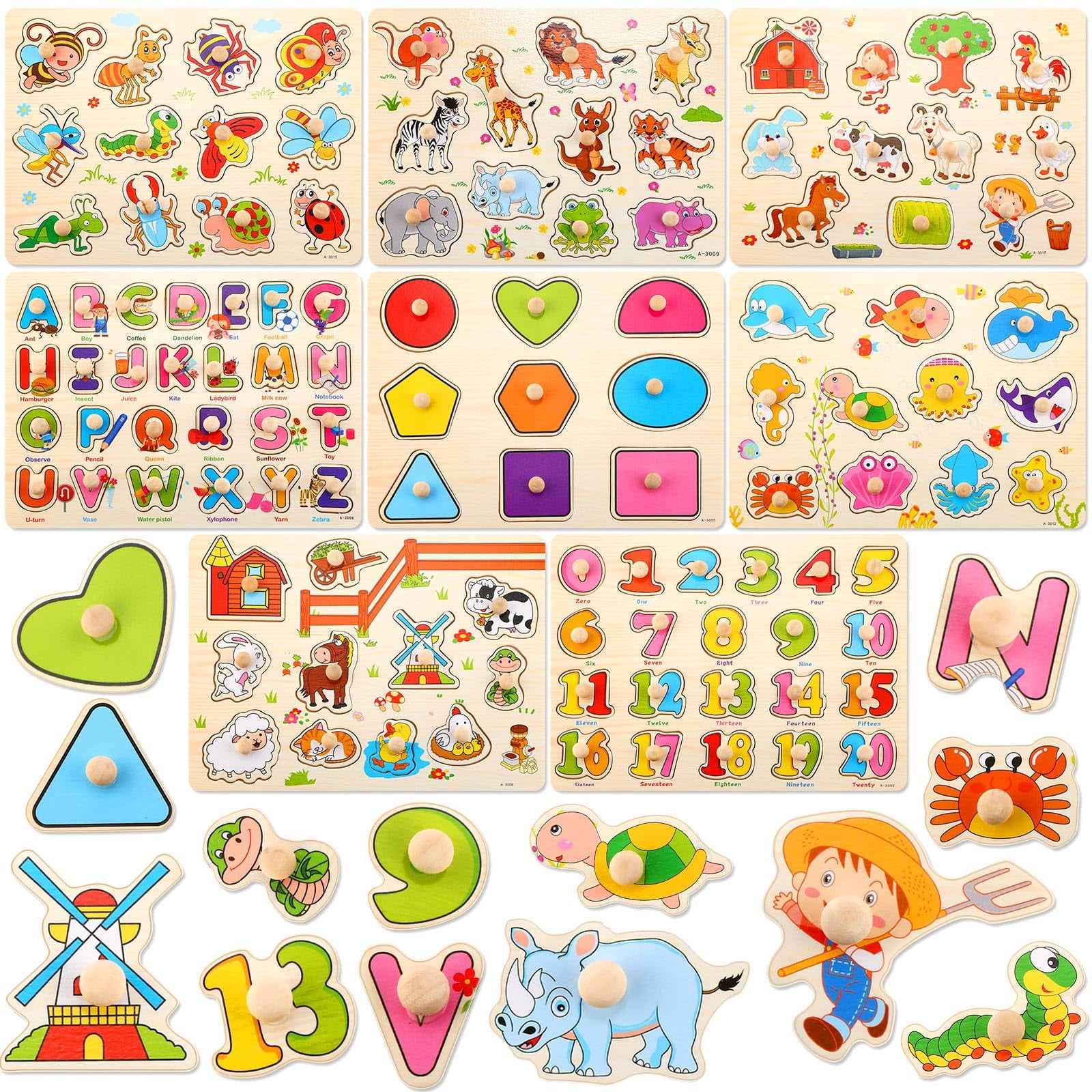 8 Set Wooden Peg Puzzles For Toddlers 2-4 Years Alphabet Number Animal ...