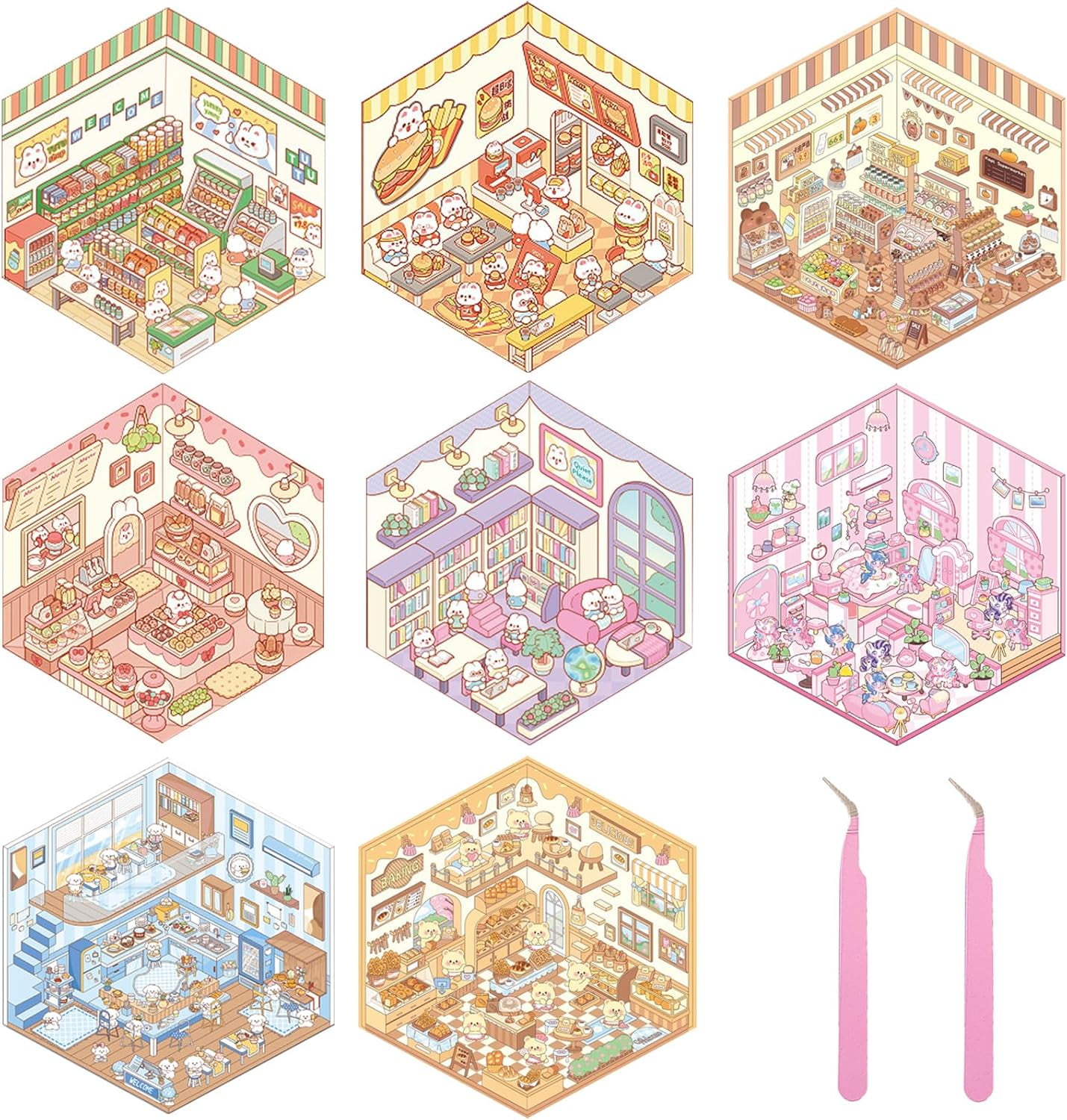 8 Sets DIY 3D House Stickers, 3D Sticker Scene Miniature Scene Stickers ...