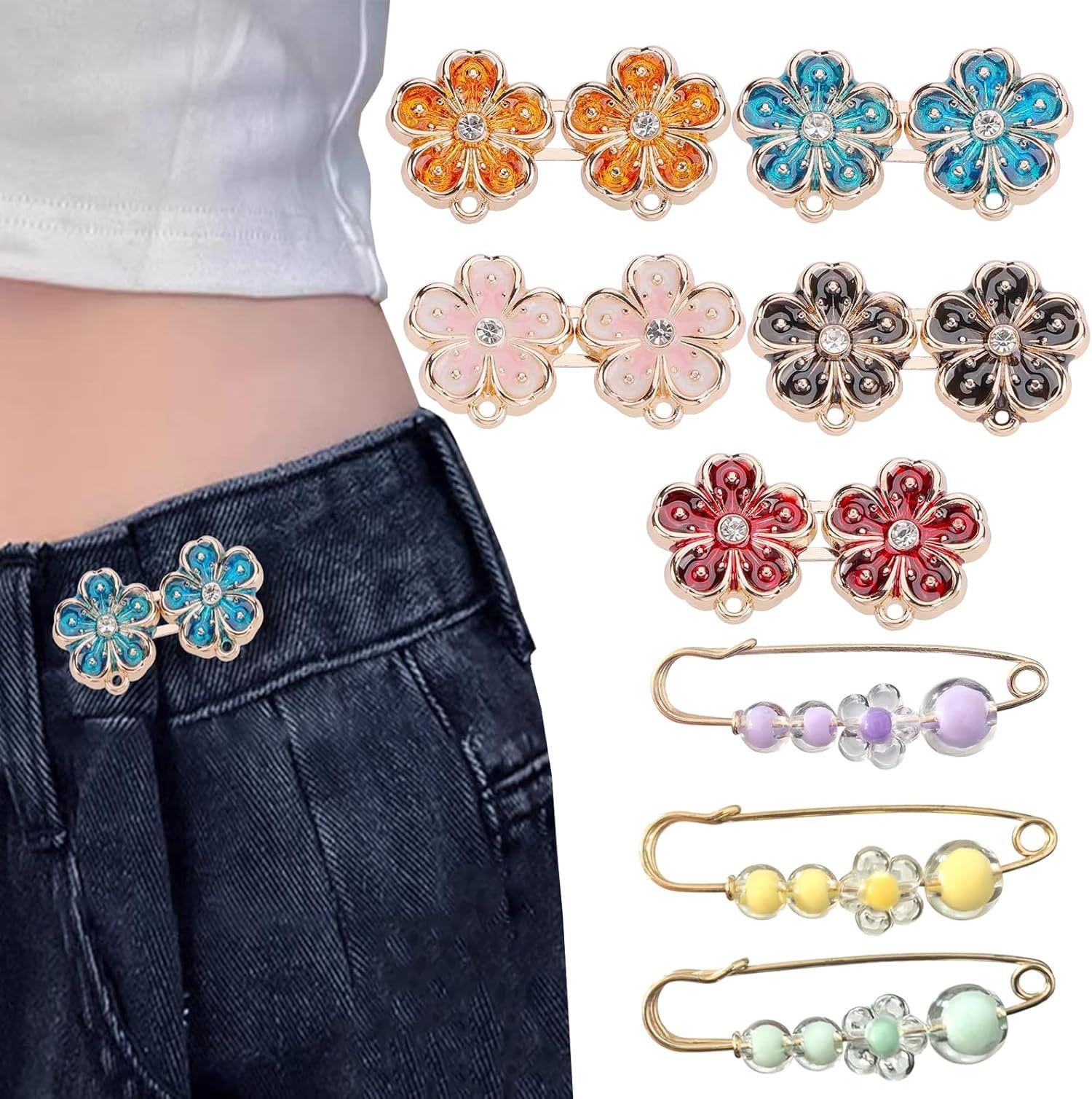 8 Sets Pant Tightener for Women Loose Pants, Flower Jean Tightener ...