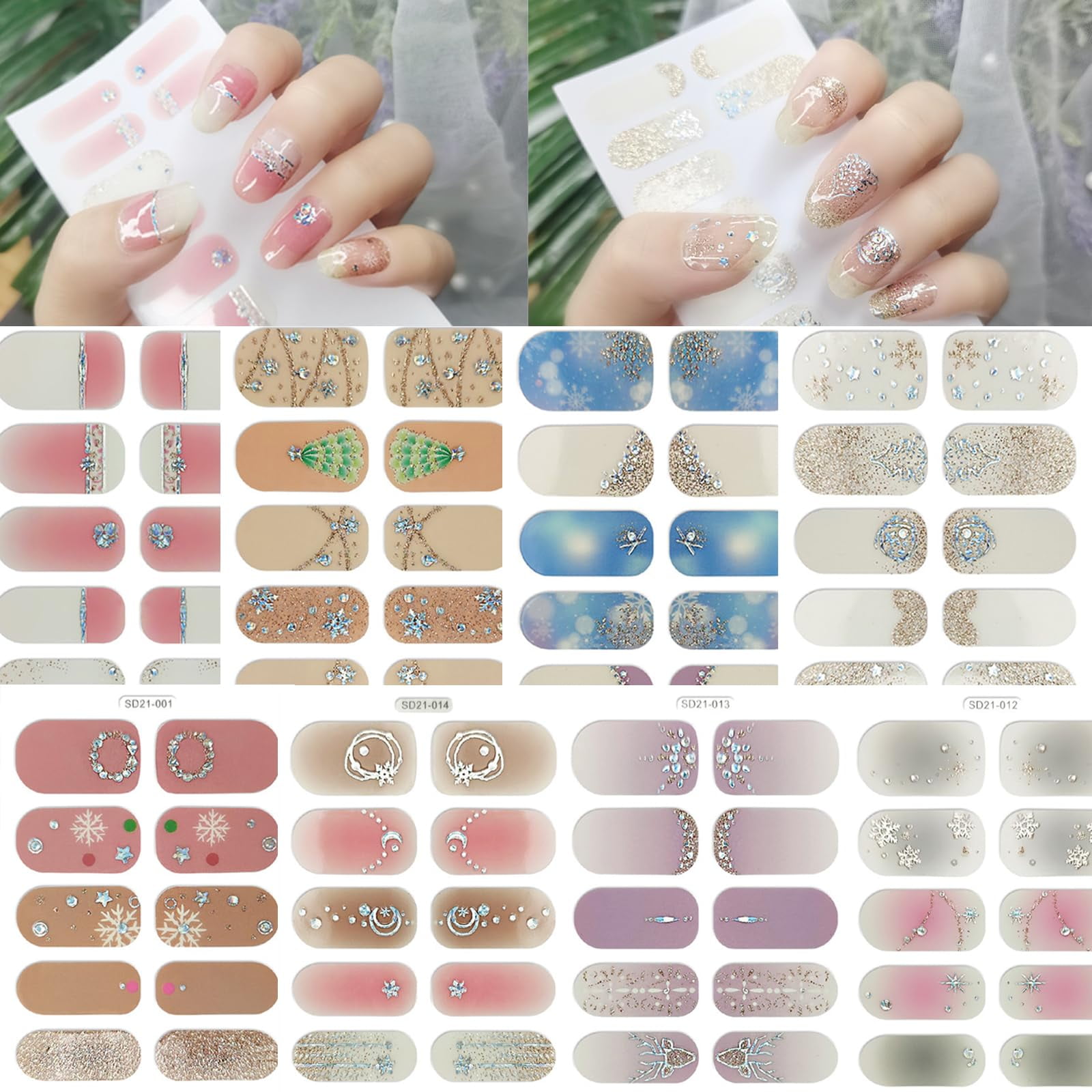 8 Sheet Full Wraps Stickers Glitter Gradient Polish Strips Shiny Pink ...