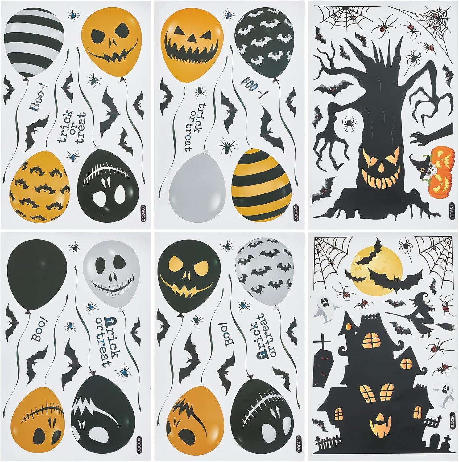 8 Sheets 11.8"x8" Window Clings Static Ghosts Bats Spider Web Pumpkin Balloon Stickers Decals ...