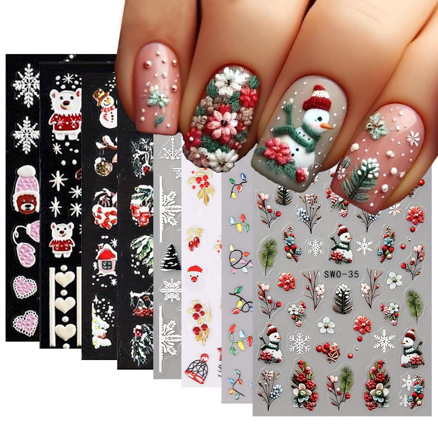 8 Sheets 5D Christmas Nail Art Stickers Self-Adhesive Embossed Cute ...