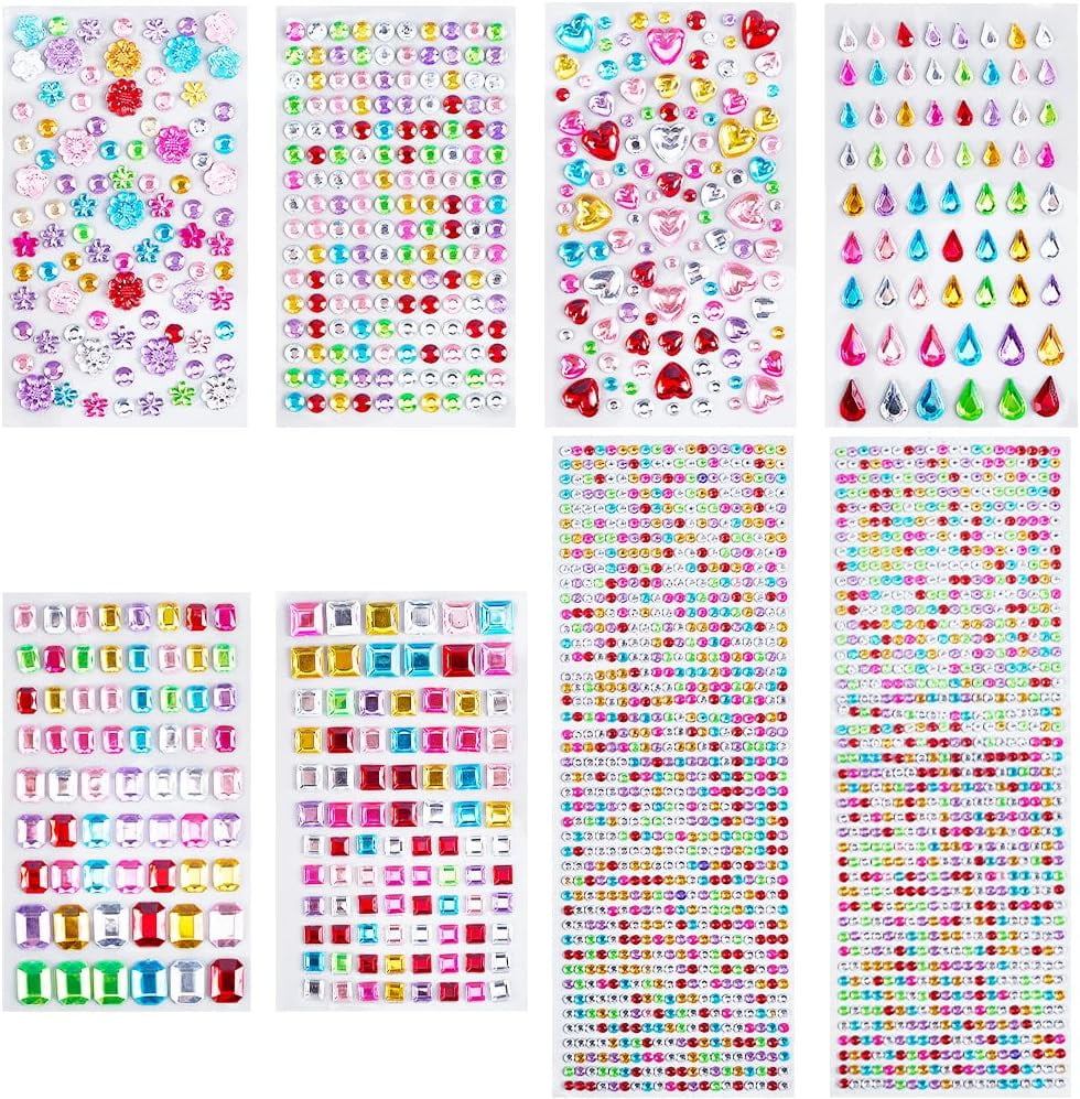 8 Sheets 7 Styles Colored Gems Stickers Rhinestone Adhesive Stickers ...