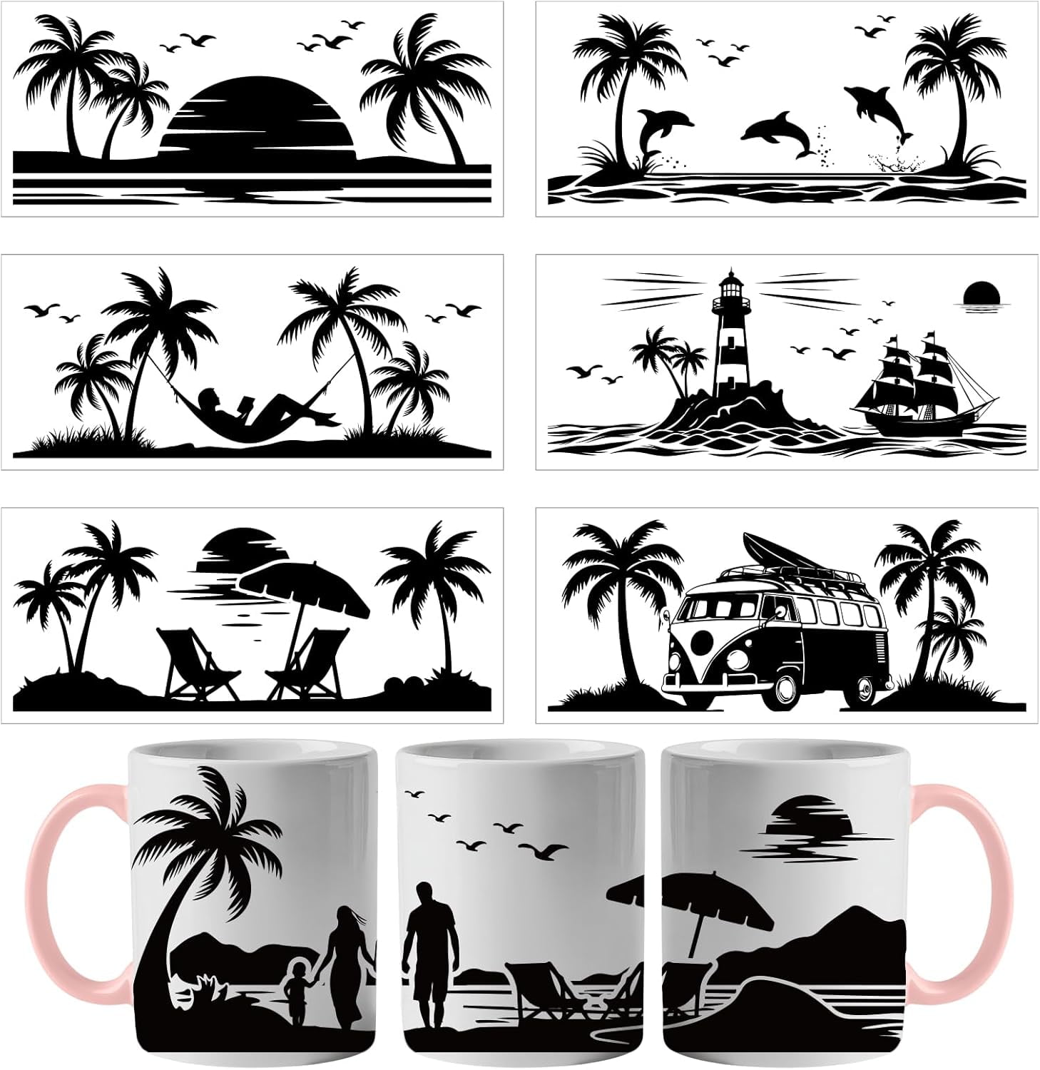 8 Sheets 8.3x3.6 Summer Beach Silhouette Cup Decals Stickers Coconut ...