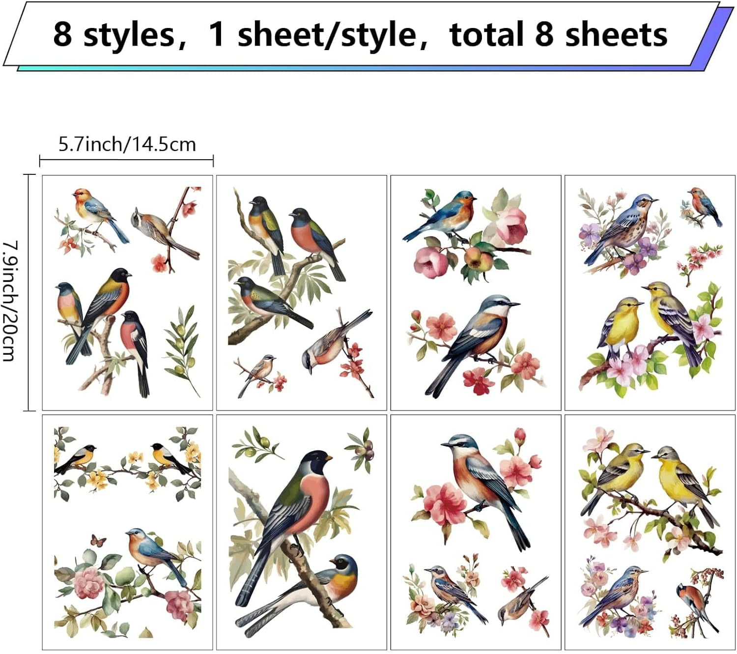 8 Sheets 8 Styles Bird on Branch Sticker Spring Flower Wall Decals Peel ...