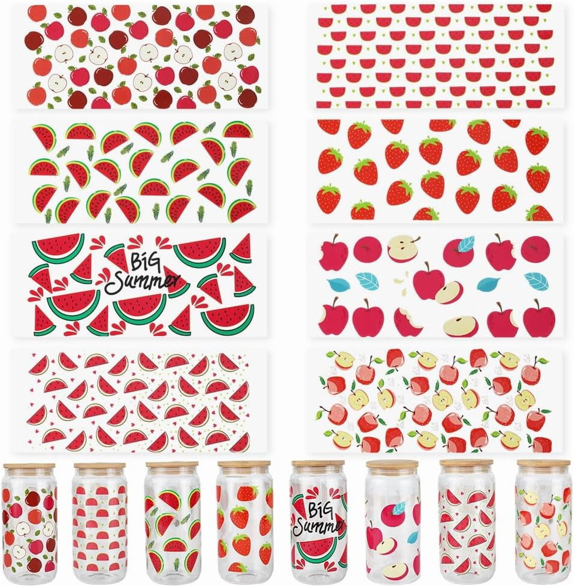 8 Sheets 8 Styles Fruit UV DTF Cup Wraps Glass Cup Sticker Wrap Summer ...