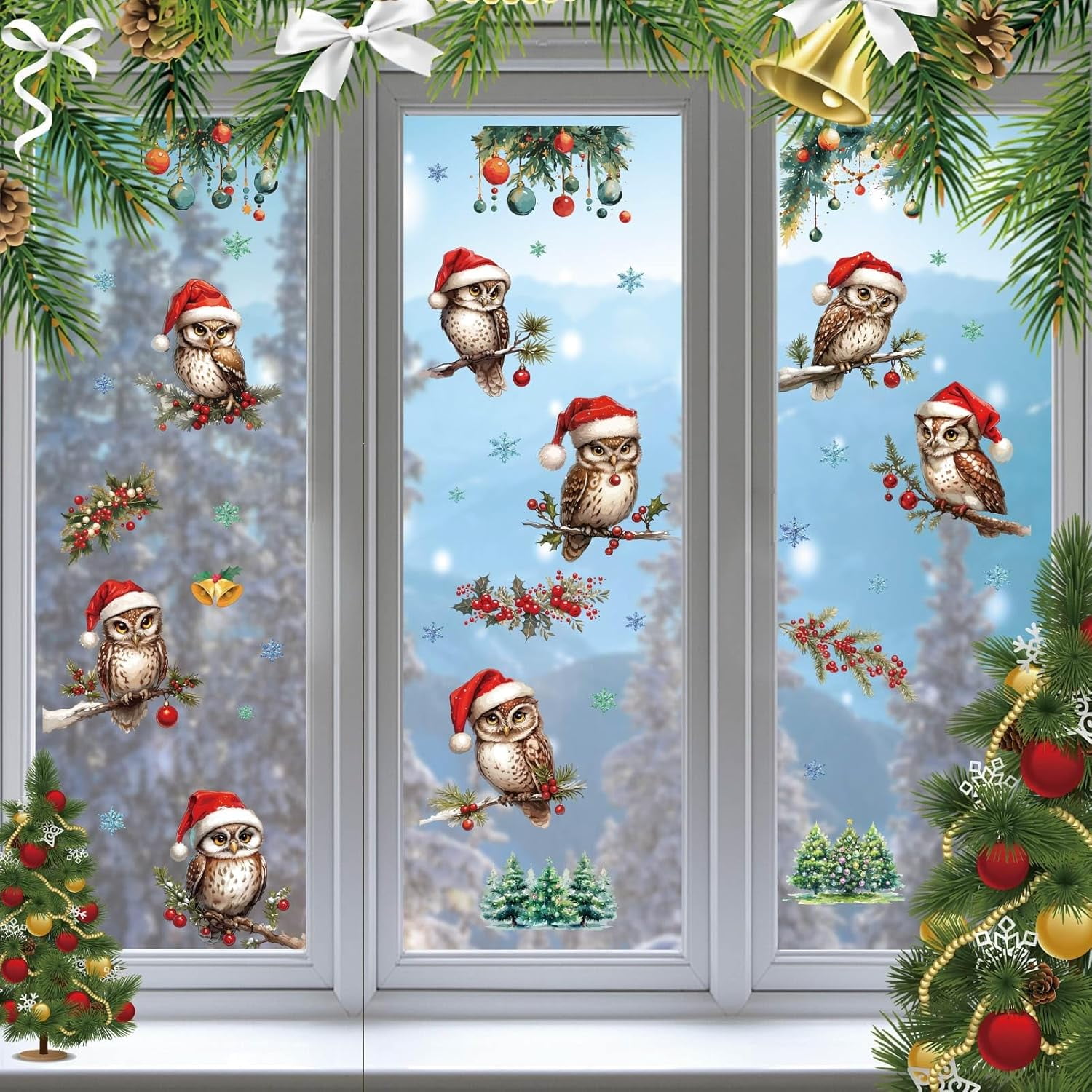8 Sheets 8 Styles Owl Window Decals Christmas Hat Tree Branch Animals ...