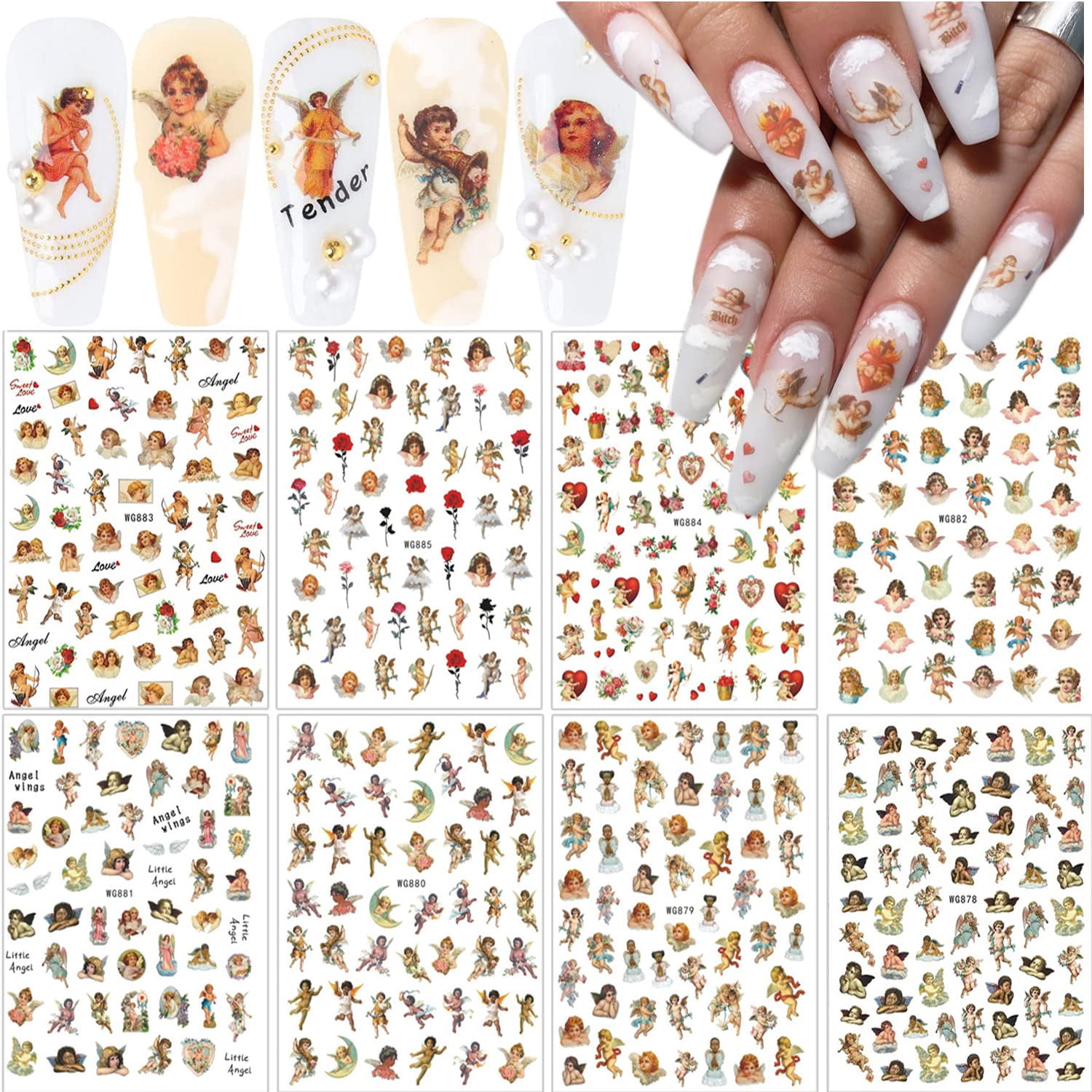 8 Sheets Angel Nail Art Stickers 3D Self Adhesive Nail Decals Cupid ...