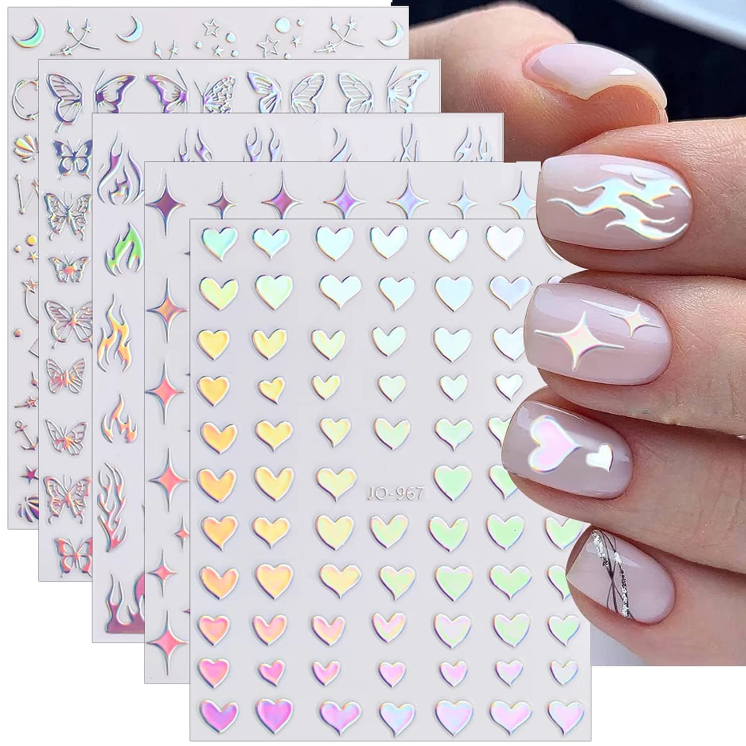 8 Sheets Aurora Silver TMA2 Heart Nail Decals 3D Self Adhesive Design ...
