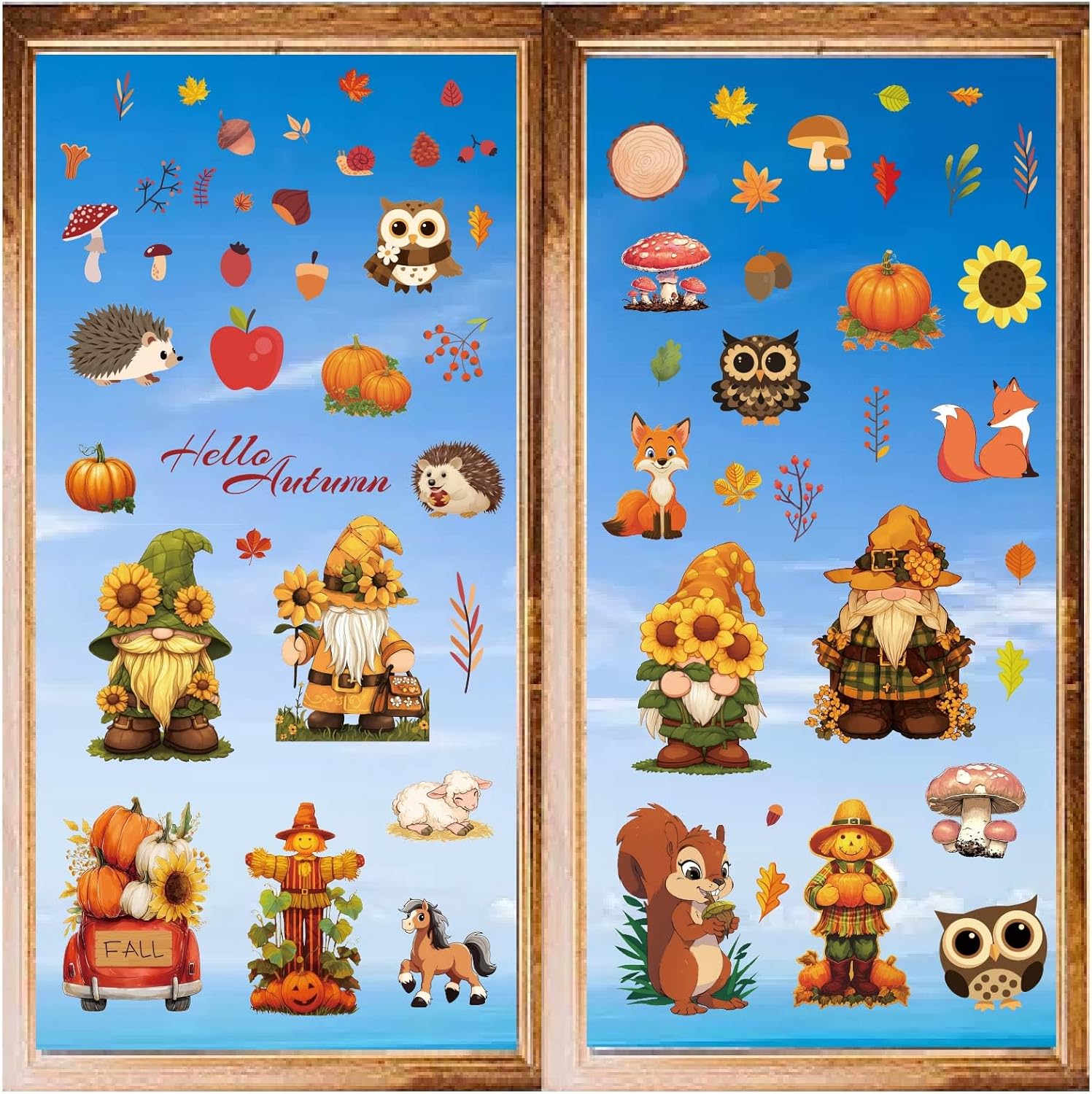 8 Sheets Autumn Wall Stickers Gnome Squirrel Fox Window Clings Wall ...