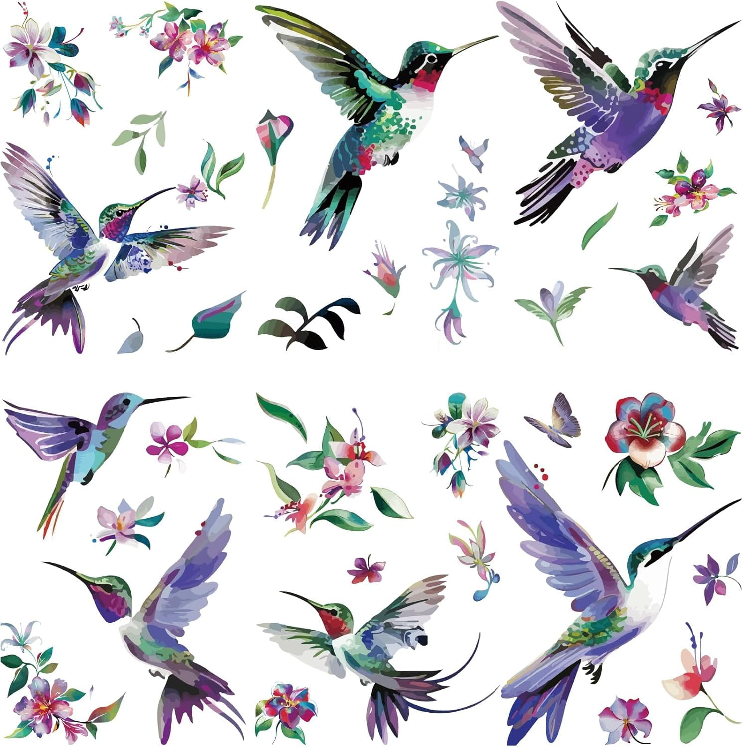 8 Sheets Bird Wall Decals Hummingbird Flower Leaf Window Clings Wall ...