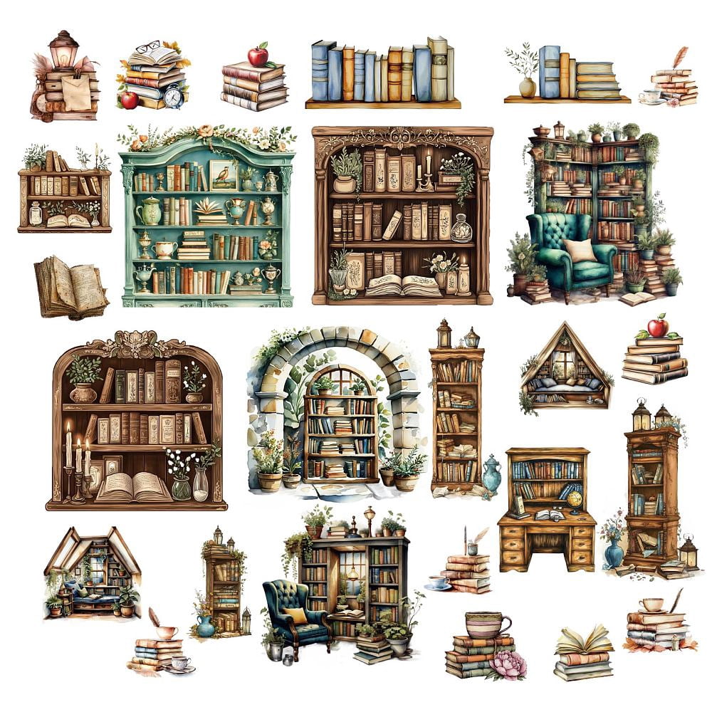 8 Sheets Books Window Stickers Bookshelf Vintage Study Reading Corner ...