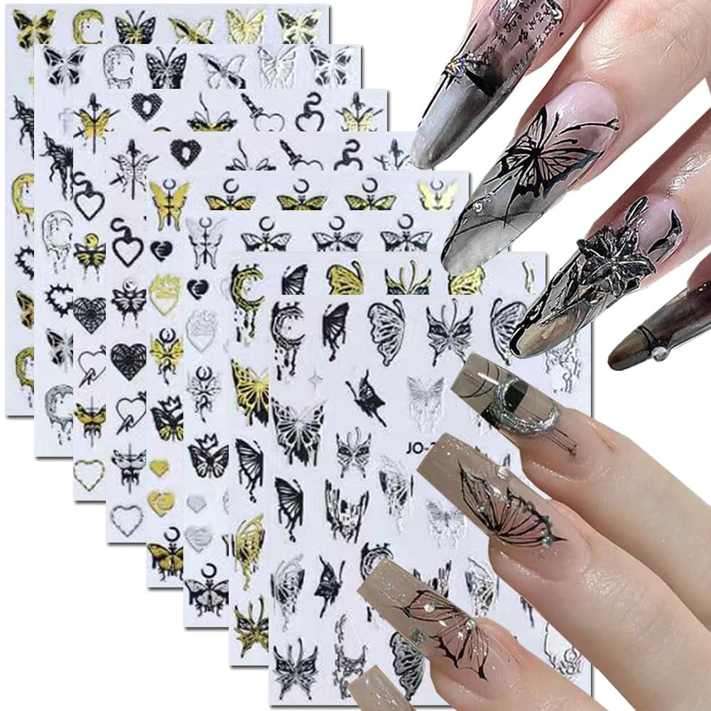 8 Sheets Butterfly Metal Nail Stickers 3D Butterfly Self-Adhesive Nail ...