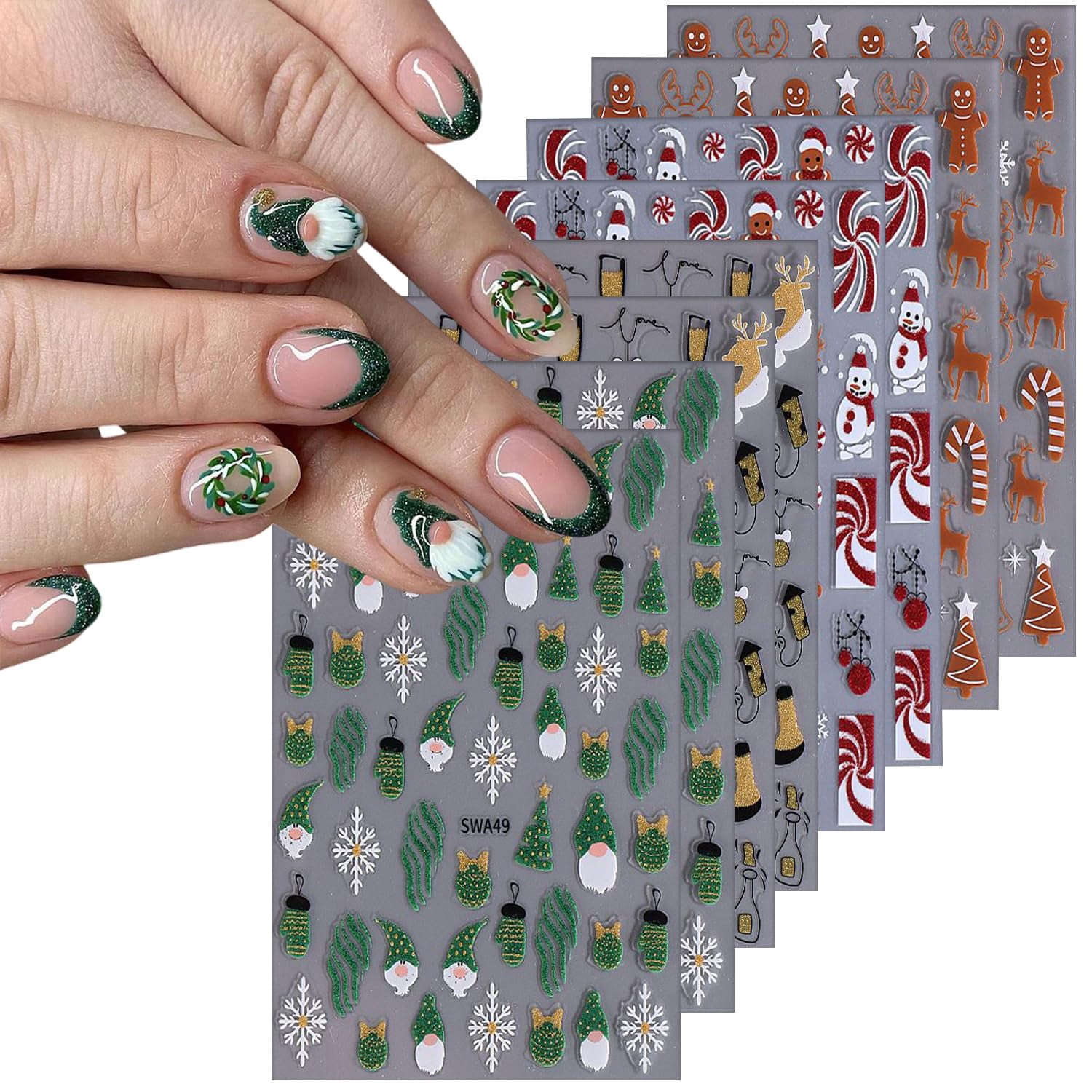 8 Sheets Christmas Nail Art Stickers 3D Self-Adhesive Elk Nail Art ...