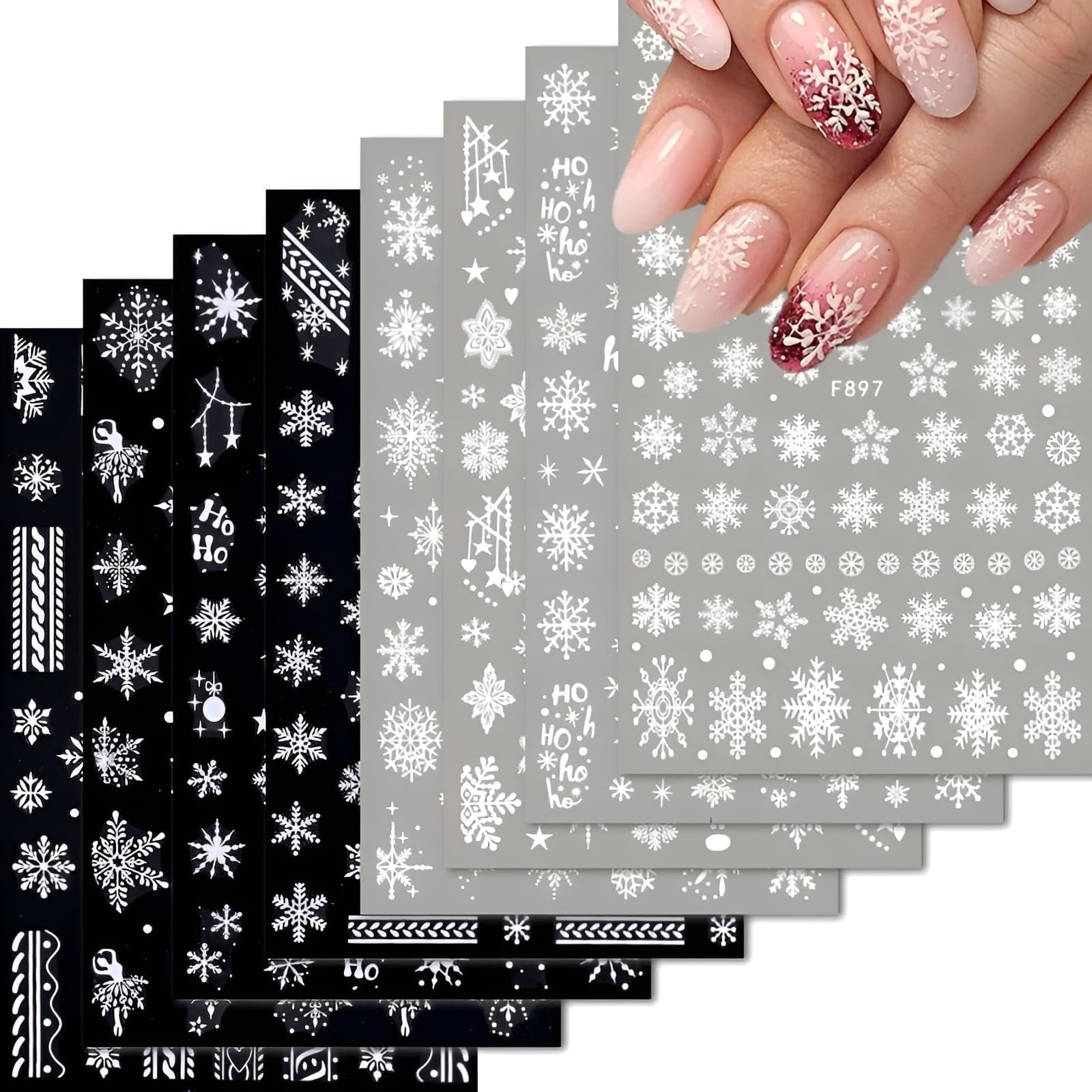8 Sheets Christmas Nail Art Stickers White Snowflake Nail Decals 3D ...