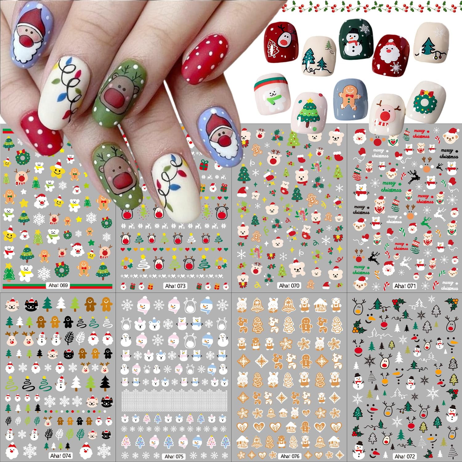 8 Sheets Christmas Nail TMA2 Stickers 3D Self-Adhesive Snowflake Claus ...