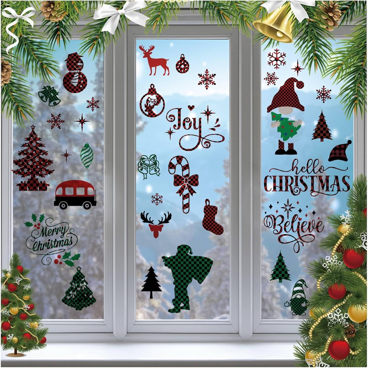 8 Sheets Christmas Wall Stickers Santa Snowflakes Christmas Tree Red ...