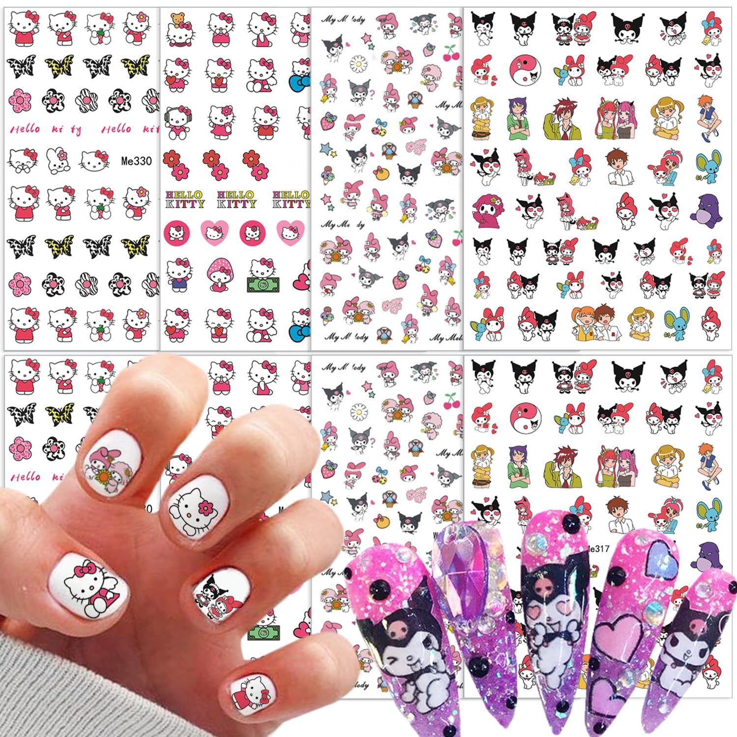 8 Sheets Cute Nail Art Stickers 3D Self Adhesive Kawaii Cartoon ...