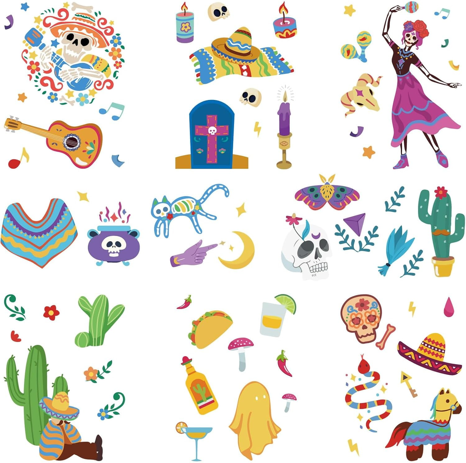 8 Sheets Day of The Dead Window Clings PVC Wall Stickers Decals Cactus ...