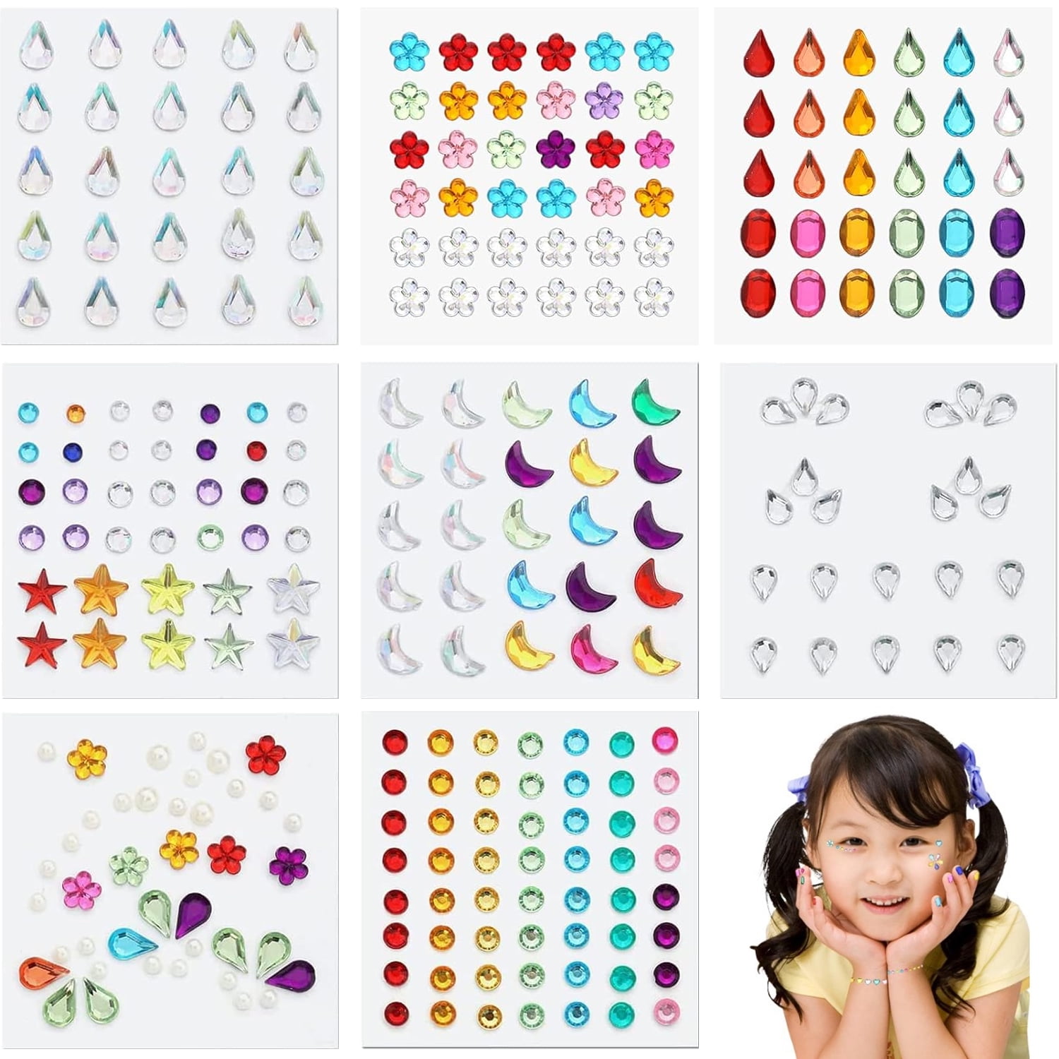 8 Sheets Face Stickers, Self-Adhesive Face Diamonds Stickers Including ...