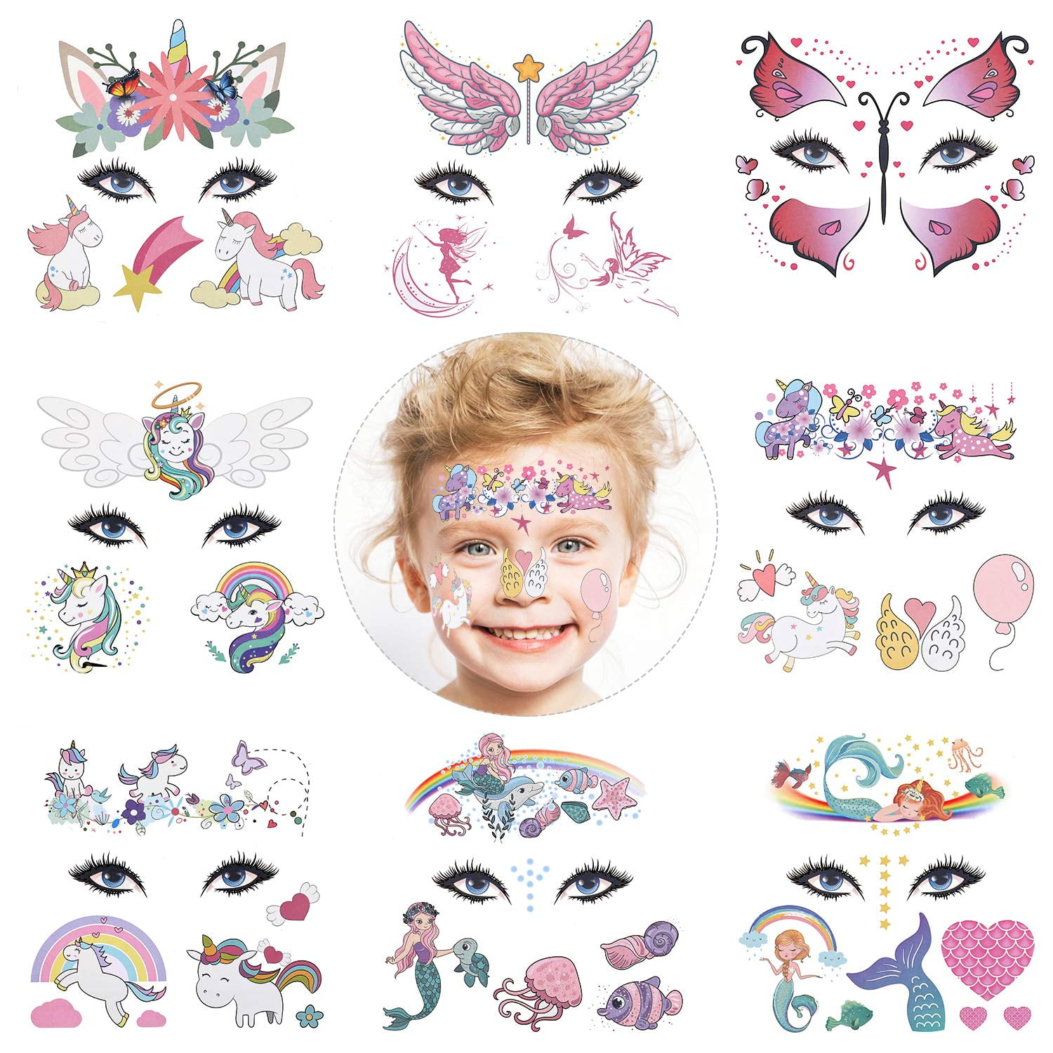 8 Sheets Face Temporary Tattoos for Kids, Unicorn Mermaid Face Paint ...