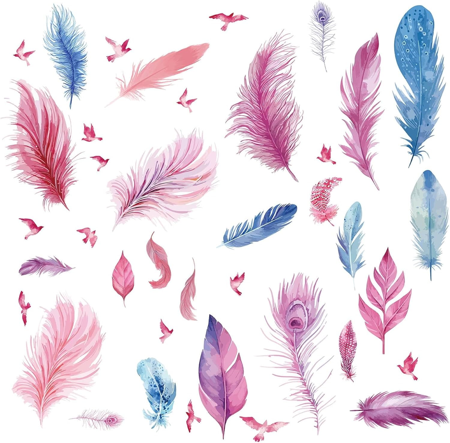 8 Sheets Feather Wall Stickers PVC Waterproof Self Adhesive Wall Decals ...