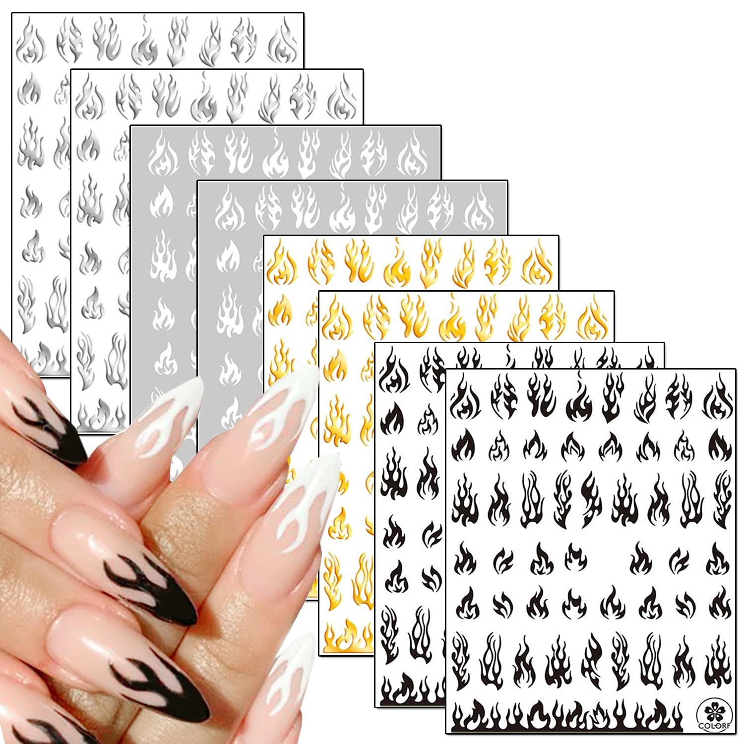 8 Sheets Flame Nail Art Stickers Decals 3D Nail Art Design Fire Nail ...