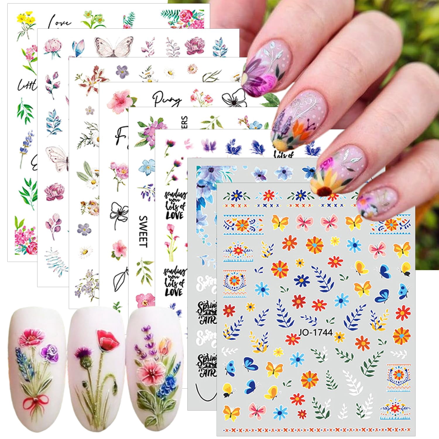 8 Sheets Flower Nail Art Stickers 3D Self-Adhesive Flowers Nail Decals ...