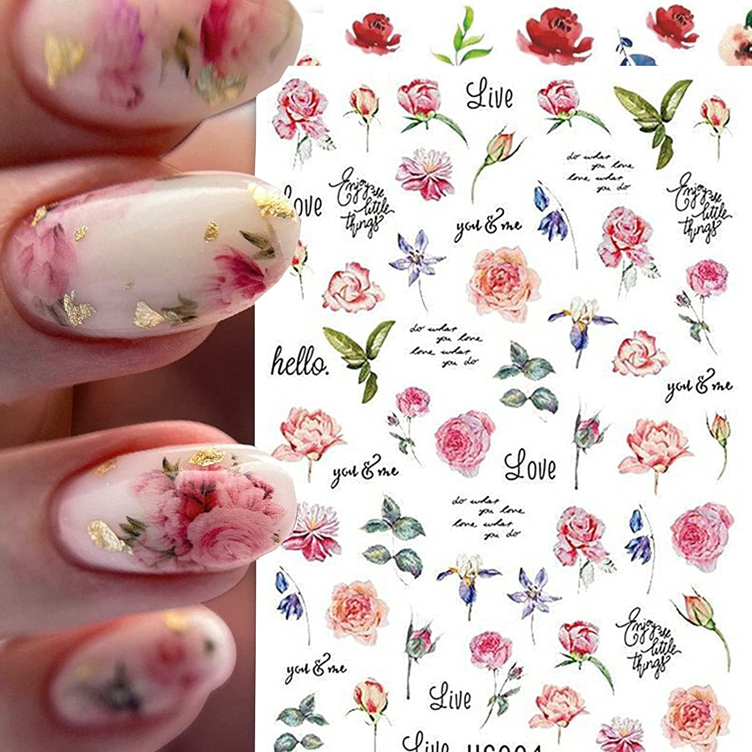 8 Sheets Flower Nail Art Stickers Decals Colorful 3D Floral Nail Art ...