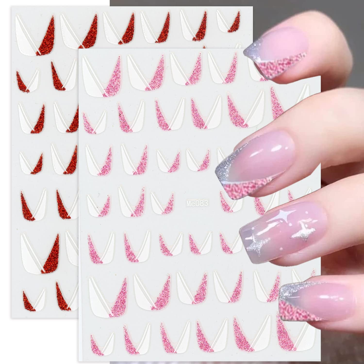 8 Sheets French Nail Art Sticker 3D Self-Adhesive V Shape Silver ...