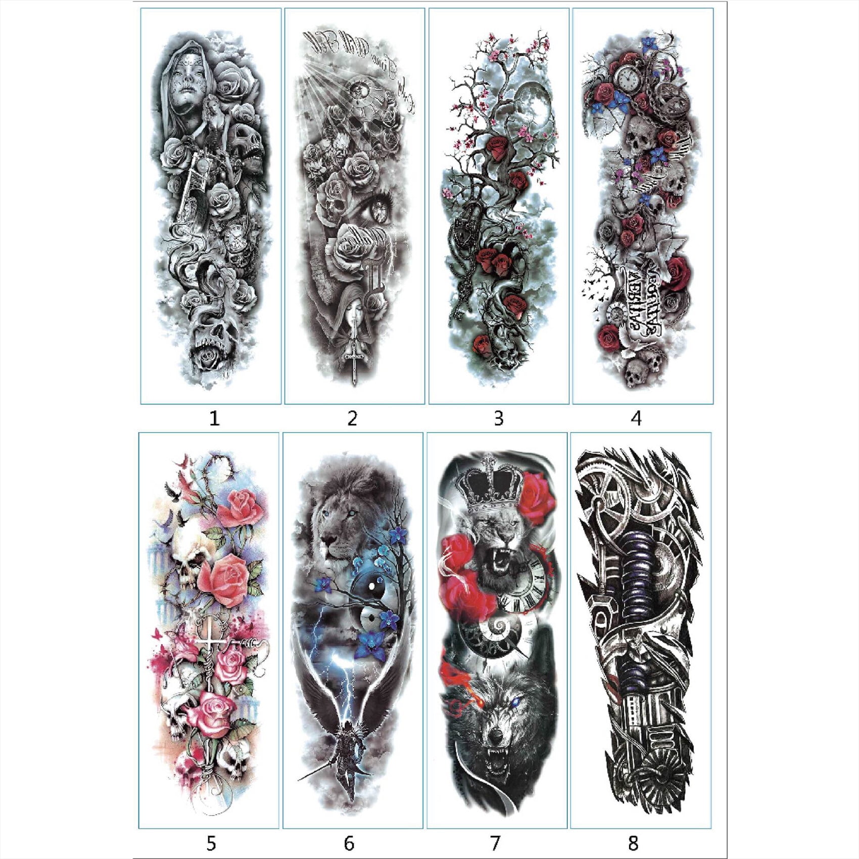 8 Sheets Full Arm Temporary Tattoos Large Waterproof Tattoos for Half ...