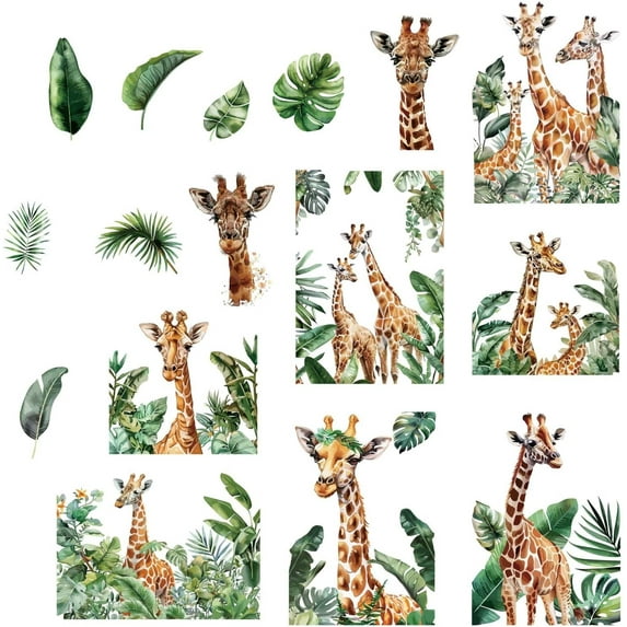 8 Sheets Giraffe Wall Sticker Large Jungle Wild Animal Plants Greenery ...