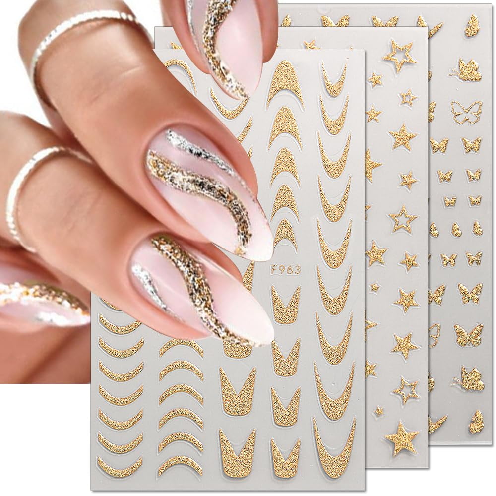 8 Sheets Glitter Gold French Nail Sticker 3D Heart Butterfly Star Nail ...