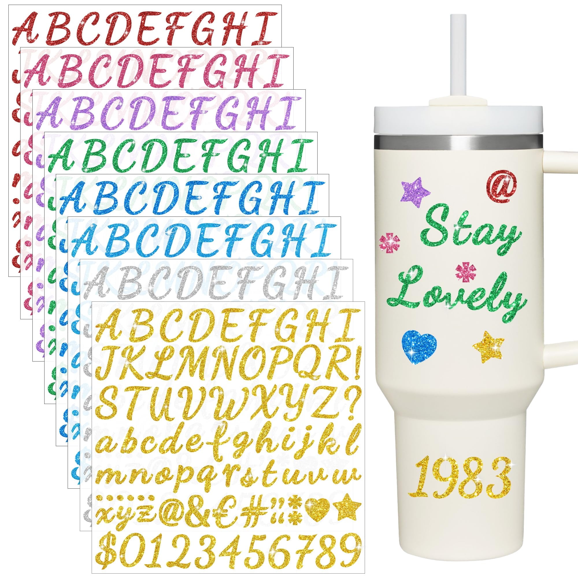 8 Sheets Glitter Letter Stickers for Stanley Cup, Alphabet Name ...
