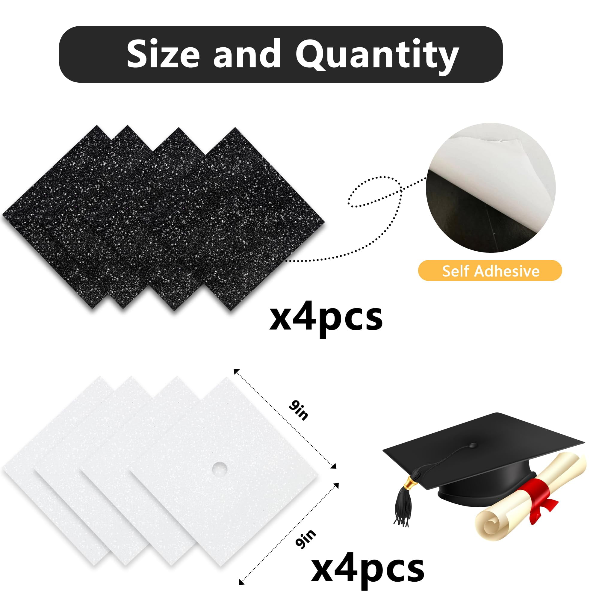 8 Sheets Graduation Grad Cap Decorations, Self-Adhesive Black White ...