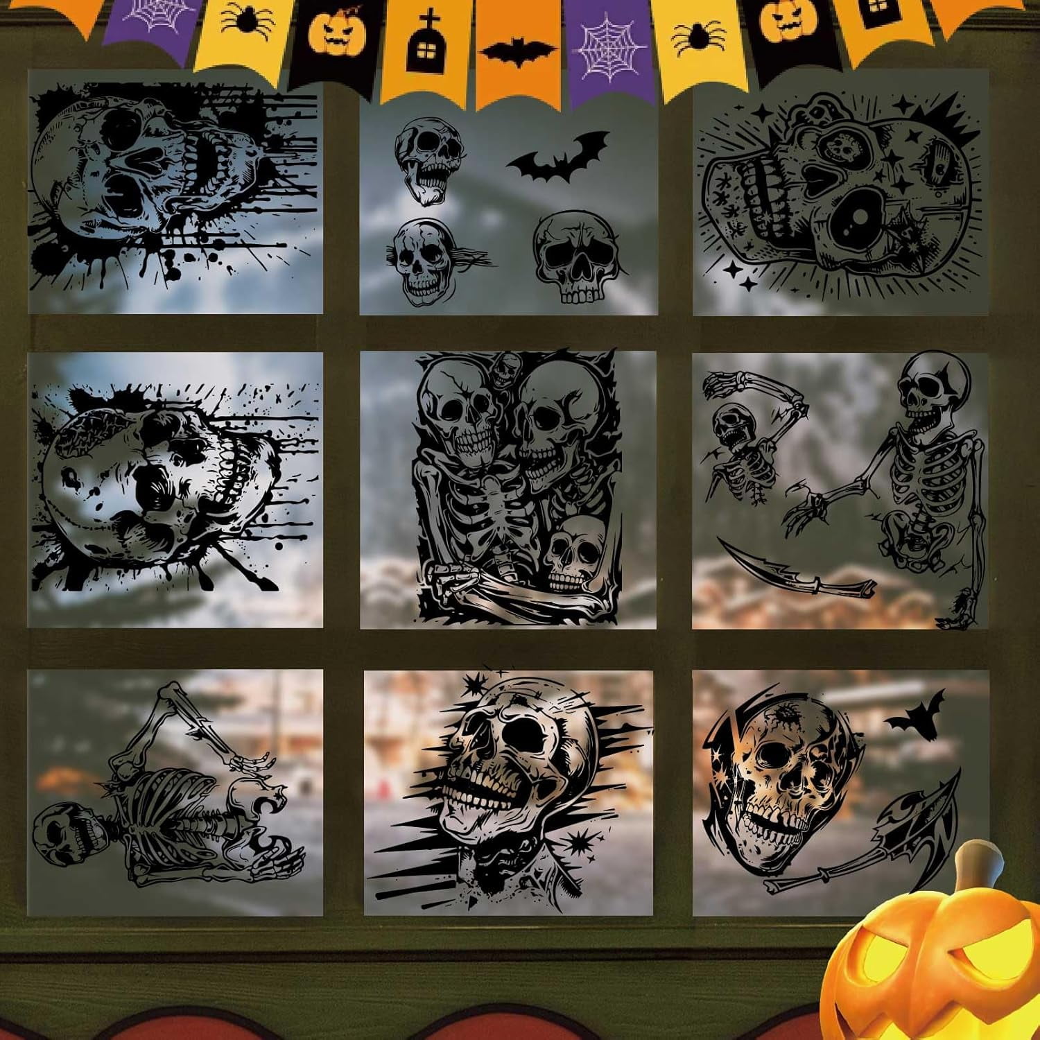 8 Sheets Halloween Wall Stickers Skeletons Skull Window Clings Peel and ...