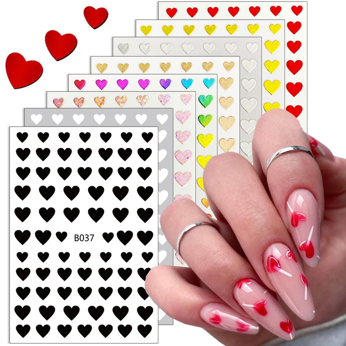 8 Sheets Heart Love Nail Stickers Decals 3D Self-Adhesive Nail Art ...