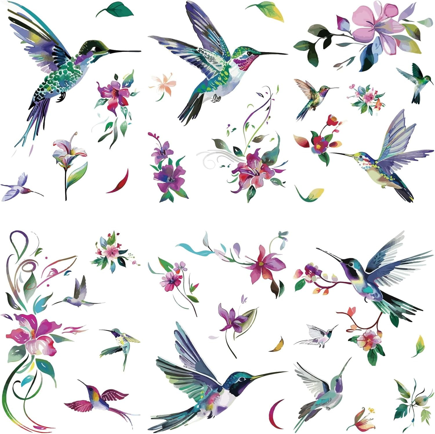 8 Sheets Hummingbird Wall Stickers Bird Flower Leaf Window Clings ...