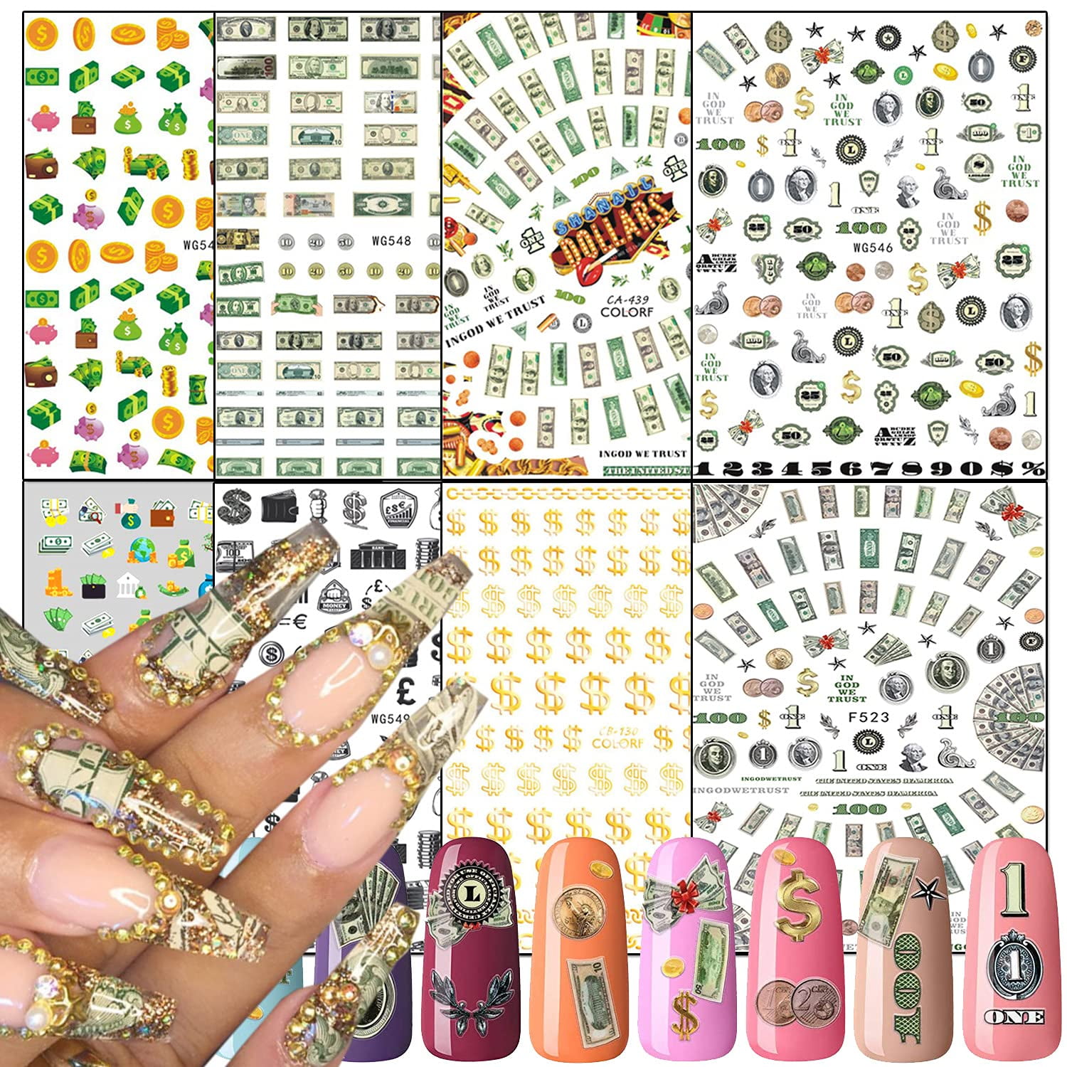 8 Sheets Money Dollar Nail Art Stickers Nail Adhesive Sticker ...