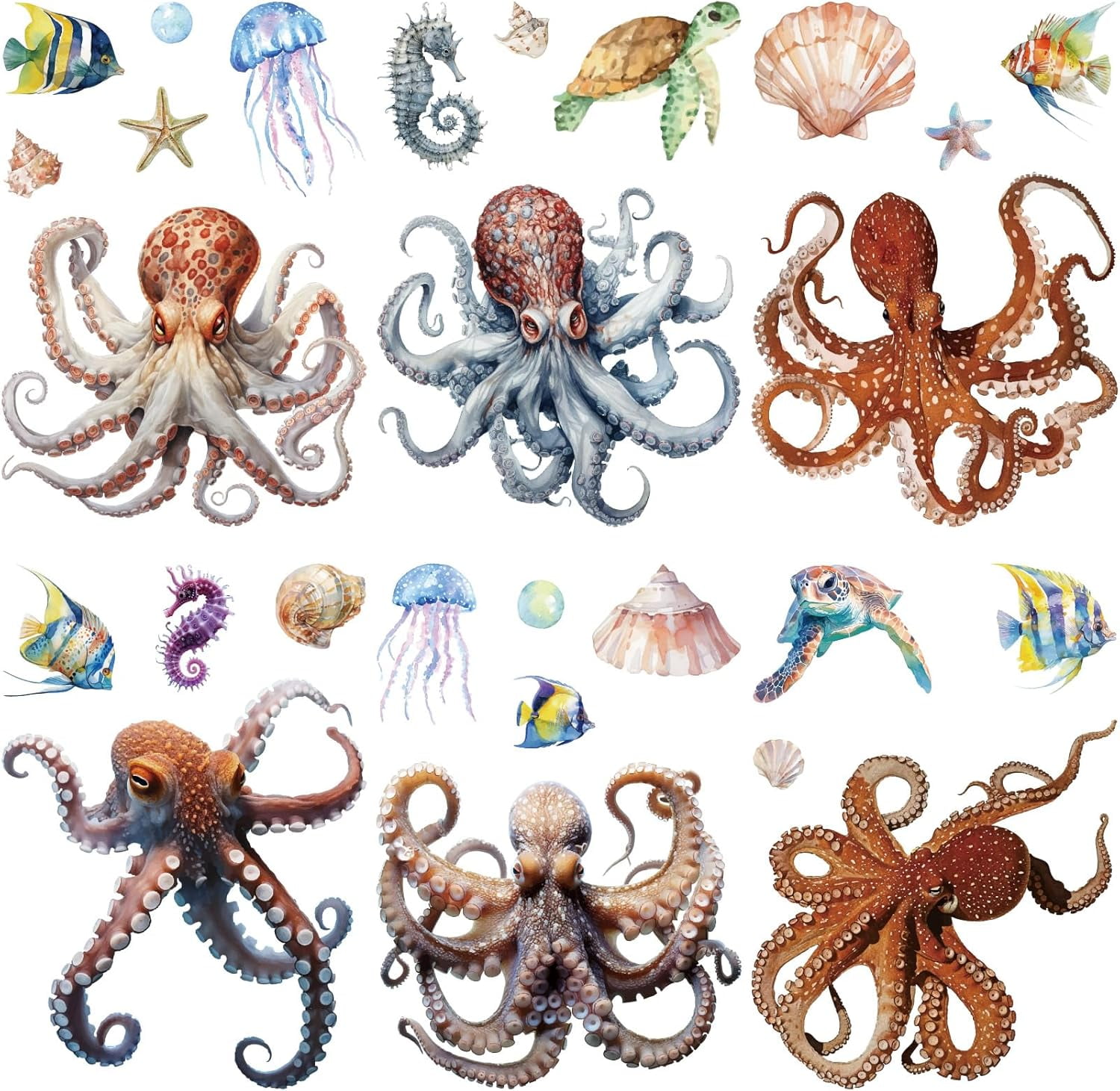 8 Sheets Octopus Wall Stickers Sea Animals Turtle Jellyfish Seahorse ...
