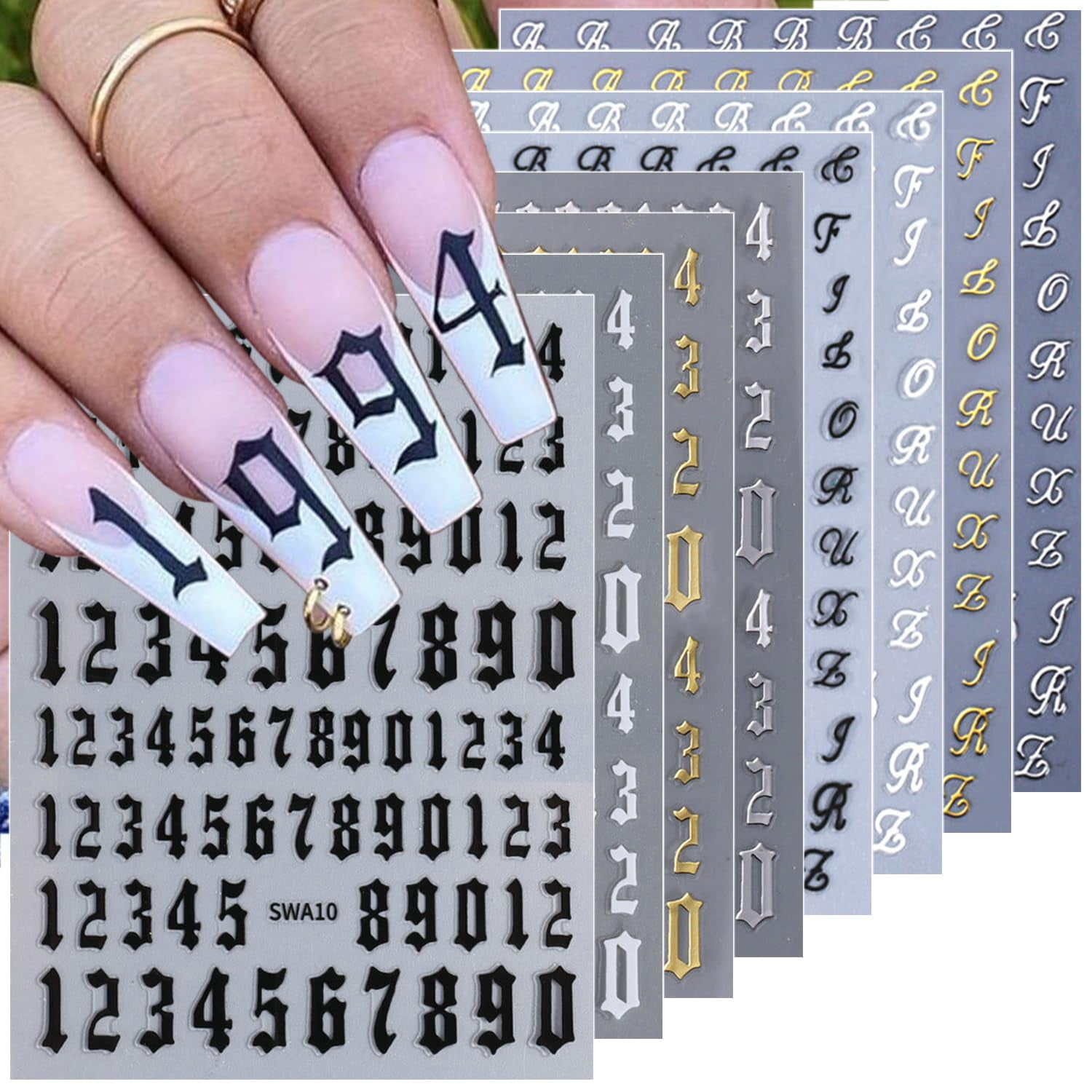 8 Sheets Old English Letter & Numbers Nail Stickers Self-Adhesive ...